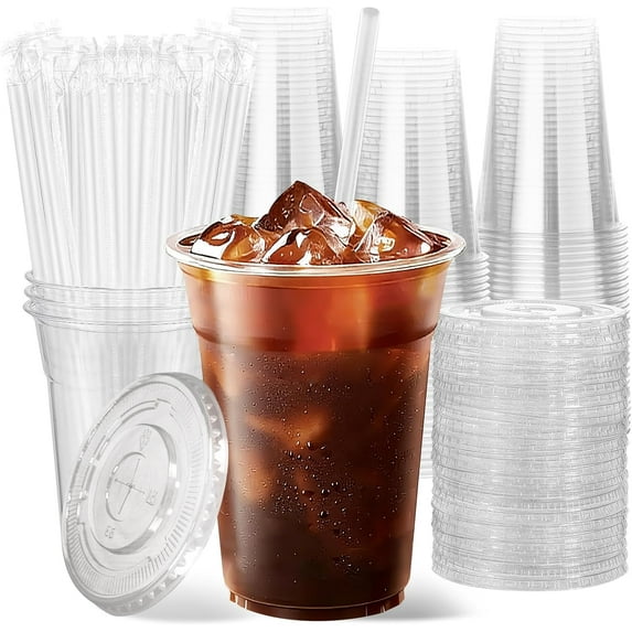 100 Sets 16oz Clear Plastic Cups with Lids and Straws, BPA Free & Leak ...