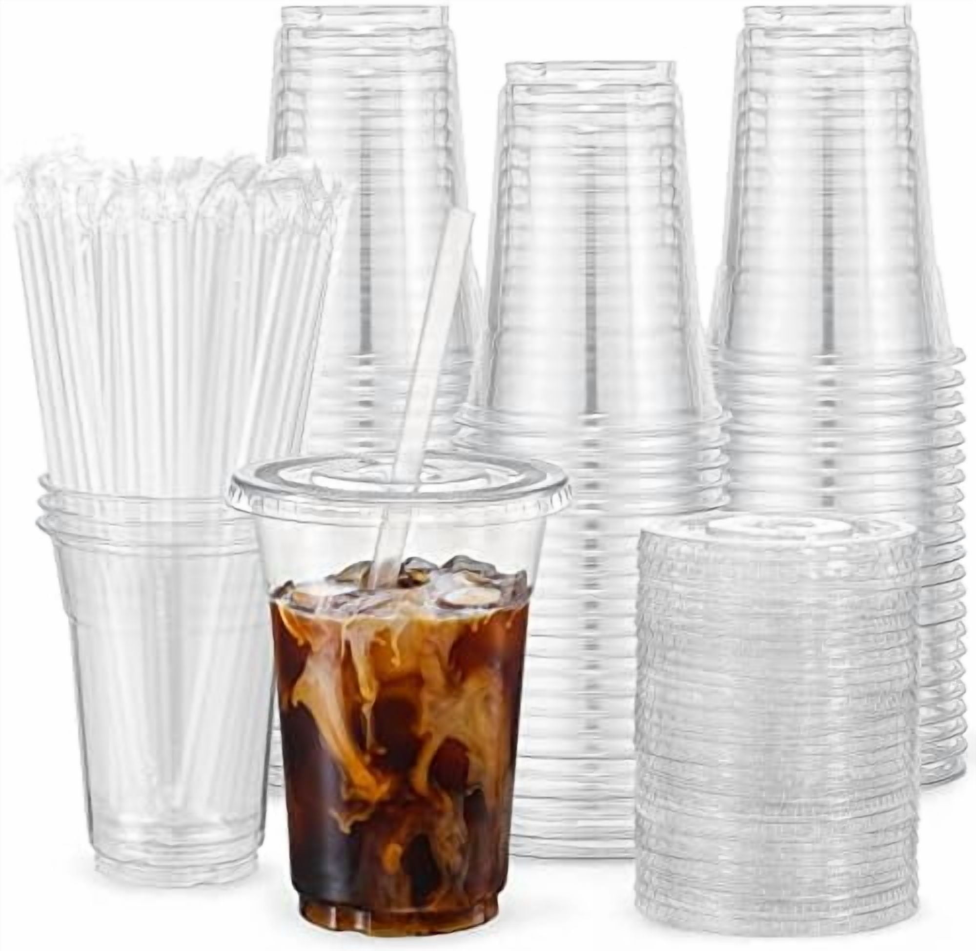 [100 Sets - 16oz] Clear Plastic Cups with Lids and Straws, Disposable ...