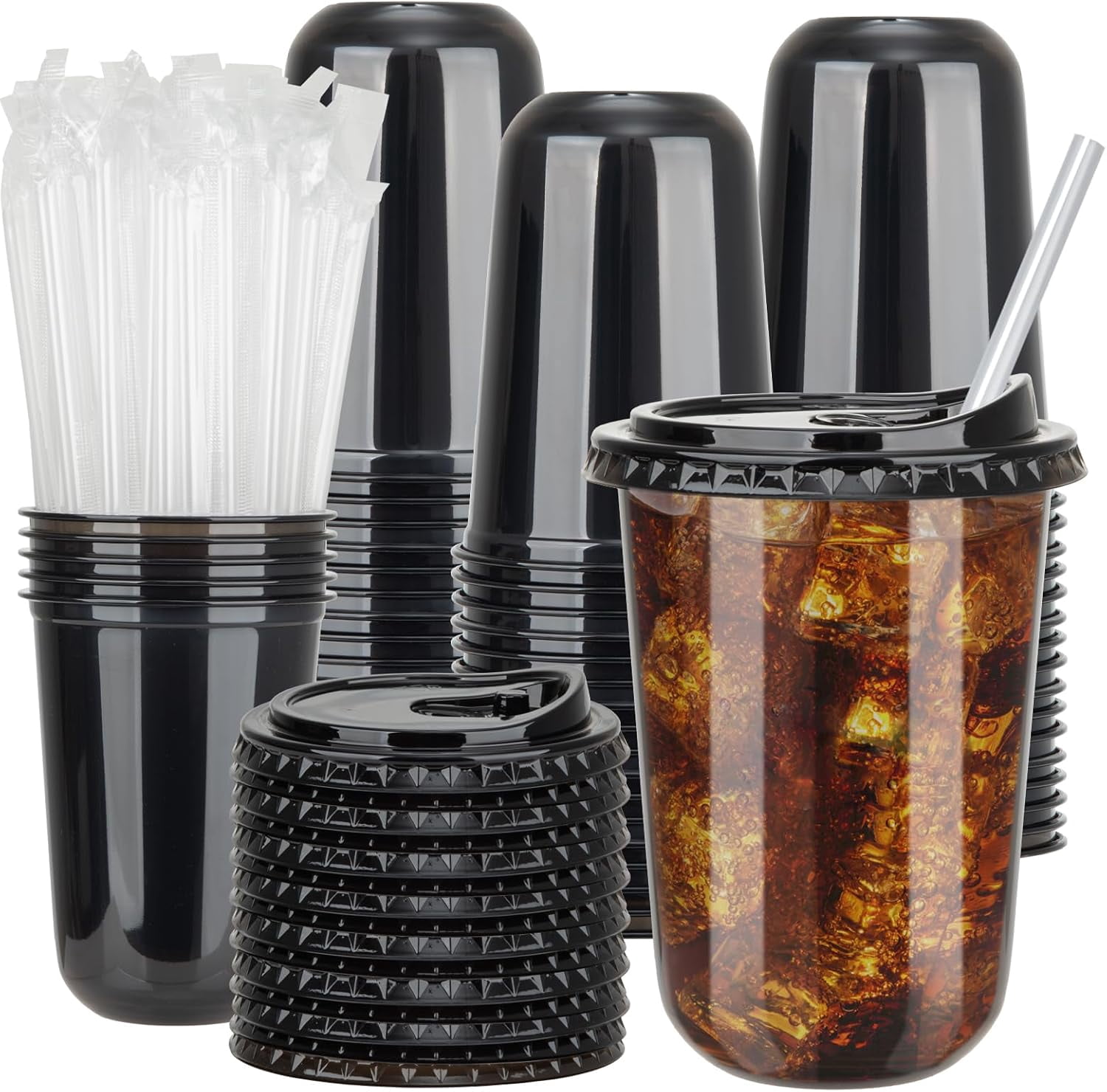 100 Sets 16oz Disposable Stemless Clear Plastic Cups with Strawless Sip ...