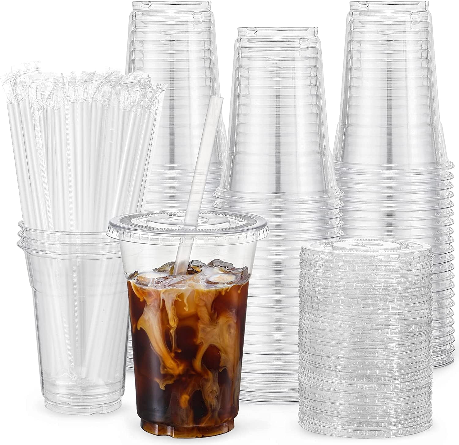 [100 Sets - 16oz] Plastic Cups with Lids and Straws, Disposable Cups ...