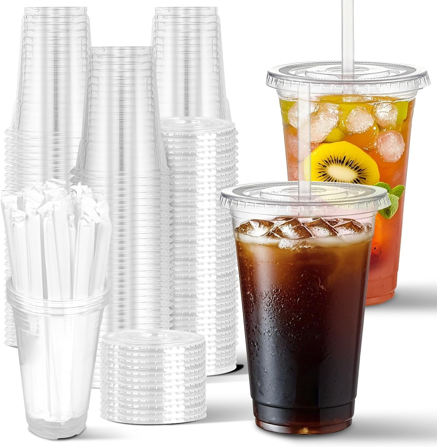 100 Sets- 20 oz Clear Plastic Cups with Lids and Straws, Disposable To ...