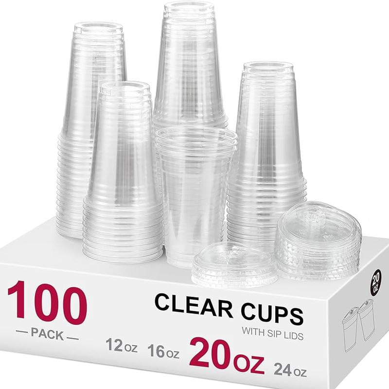 100 Sets, 20 oz Crystal Clear Plastic Cups With Sip Lids, Disposable ...
