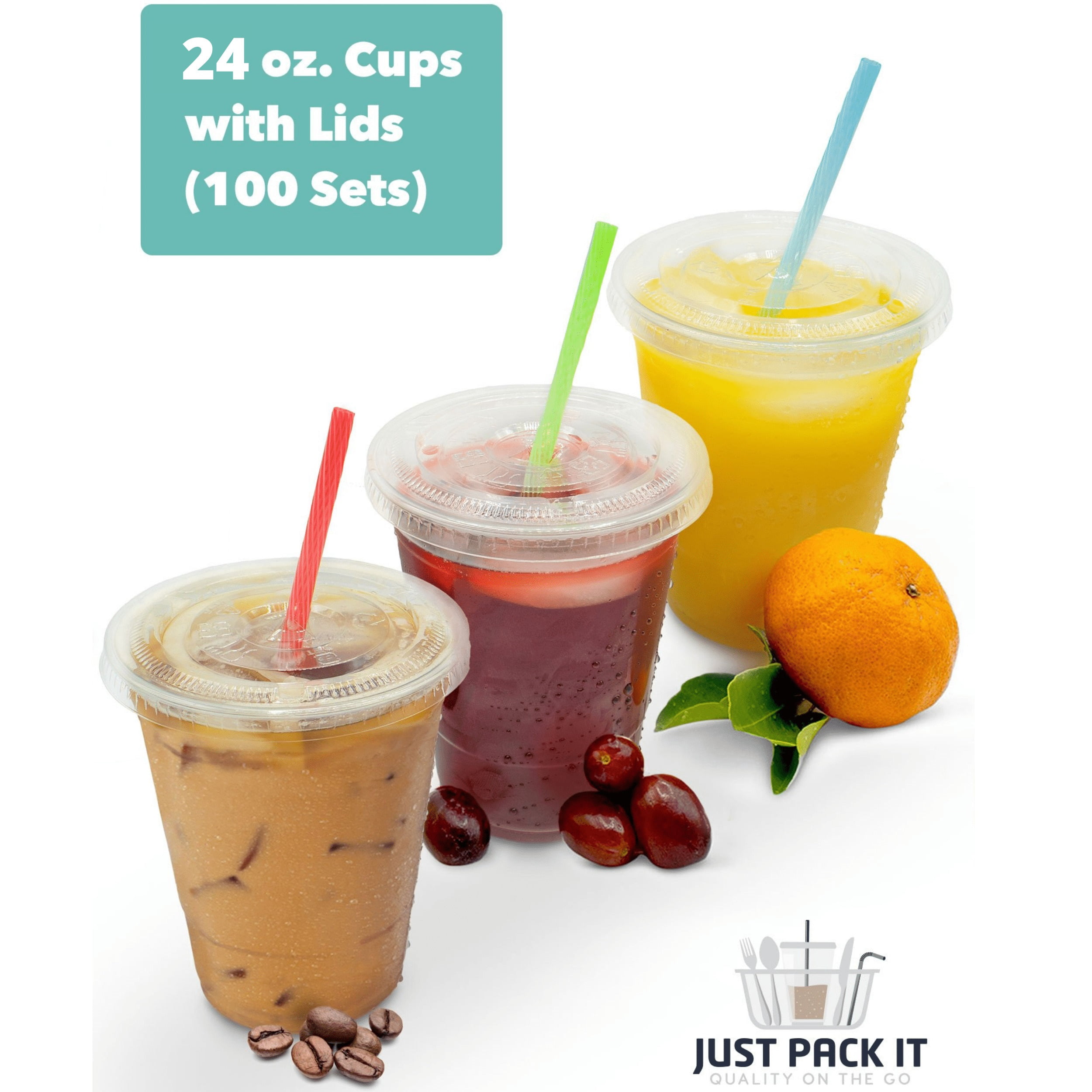 [100 Sets - 24 oz] Clear Plastic Cups with Lids Disposable Iced Coffee ...