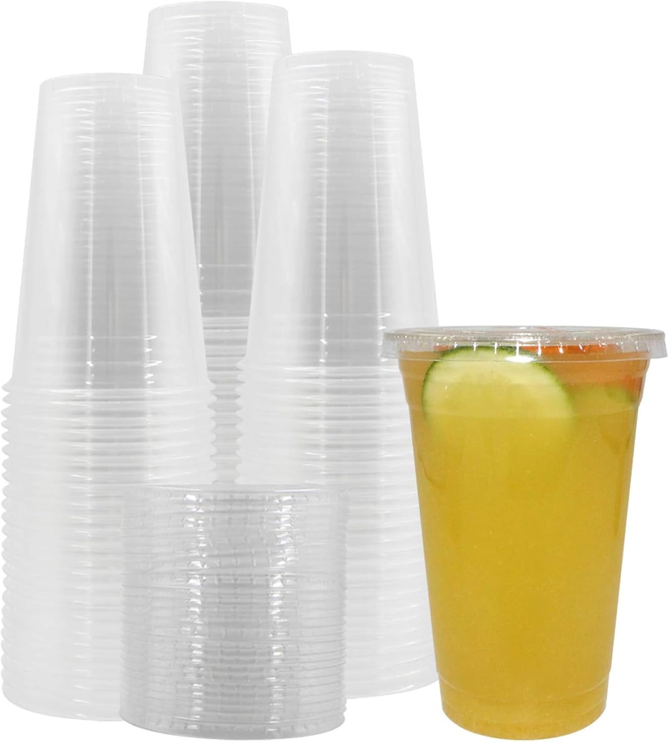 100 Sets 24 oz. Plastic CRYSTAL CLEAR Cups with Flat Lids for Cold ...