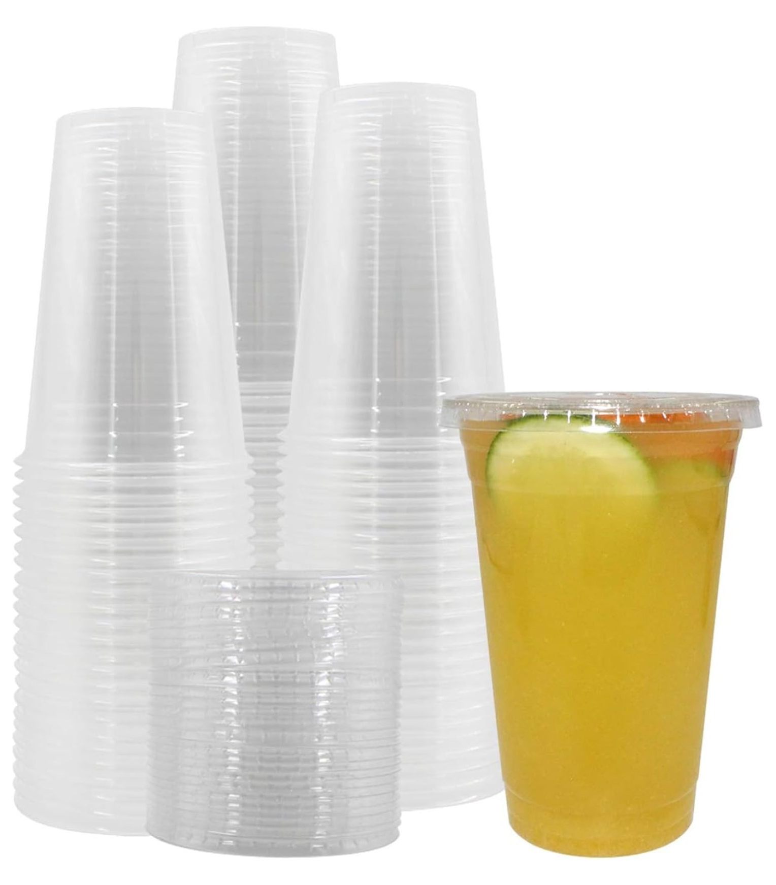 100 Sets 24 oz. Plastic Cups with Flat Lids for Cold Drinks, Iced ...