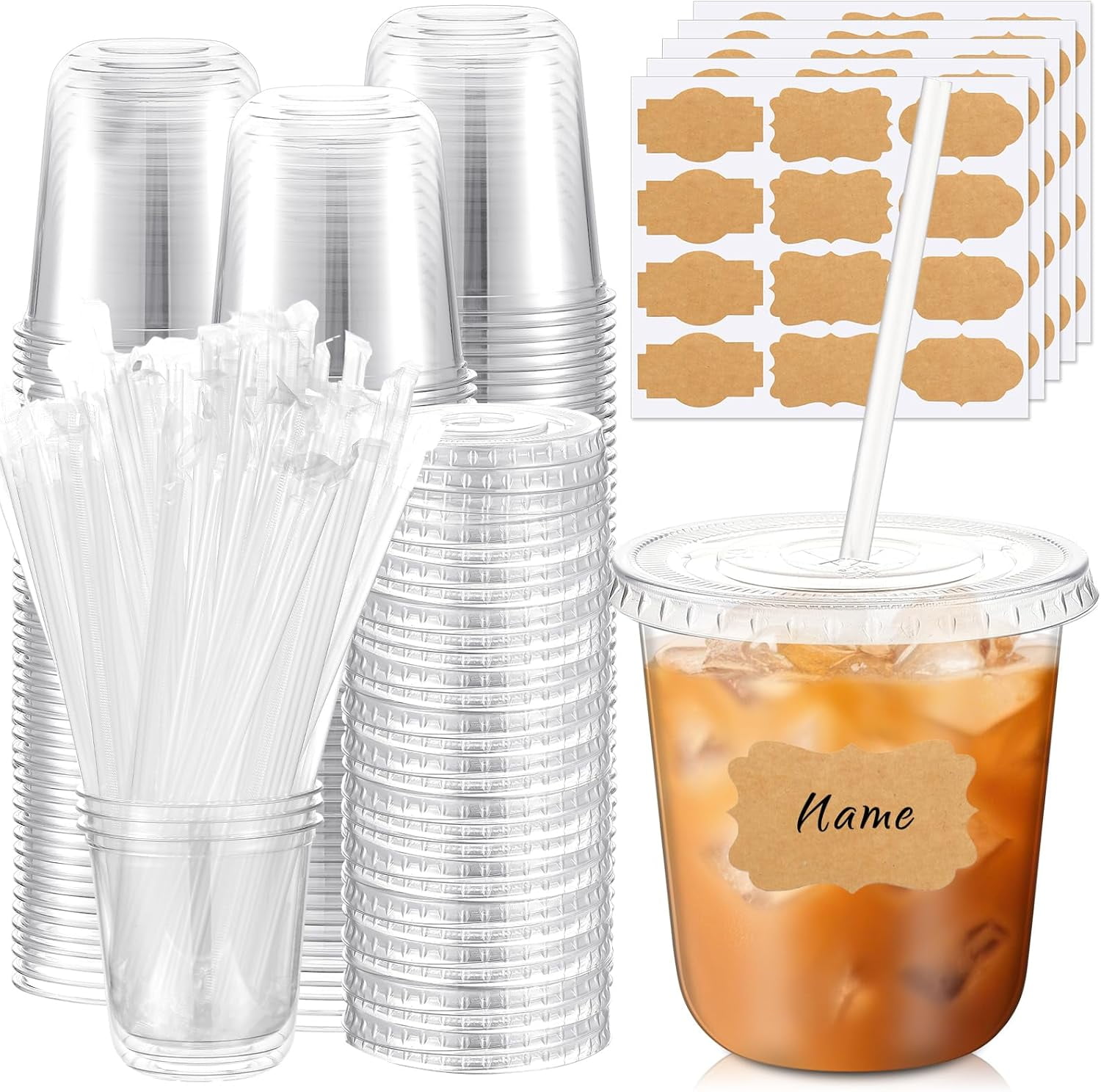 100 Sets Clear Cups with Straws Disposable Round Bottom Ice Coffee Cups ...