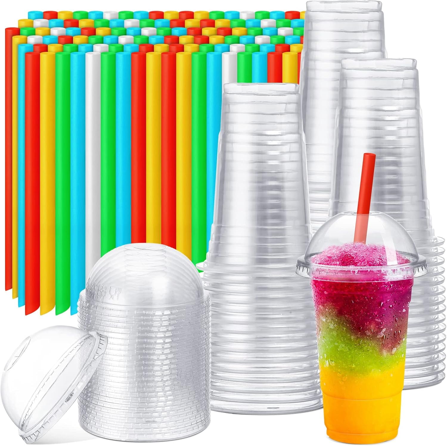 100 Sets Clear Plastic Cups with Dome Lids and Colorful Straws ...