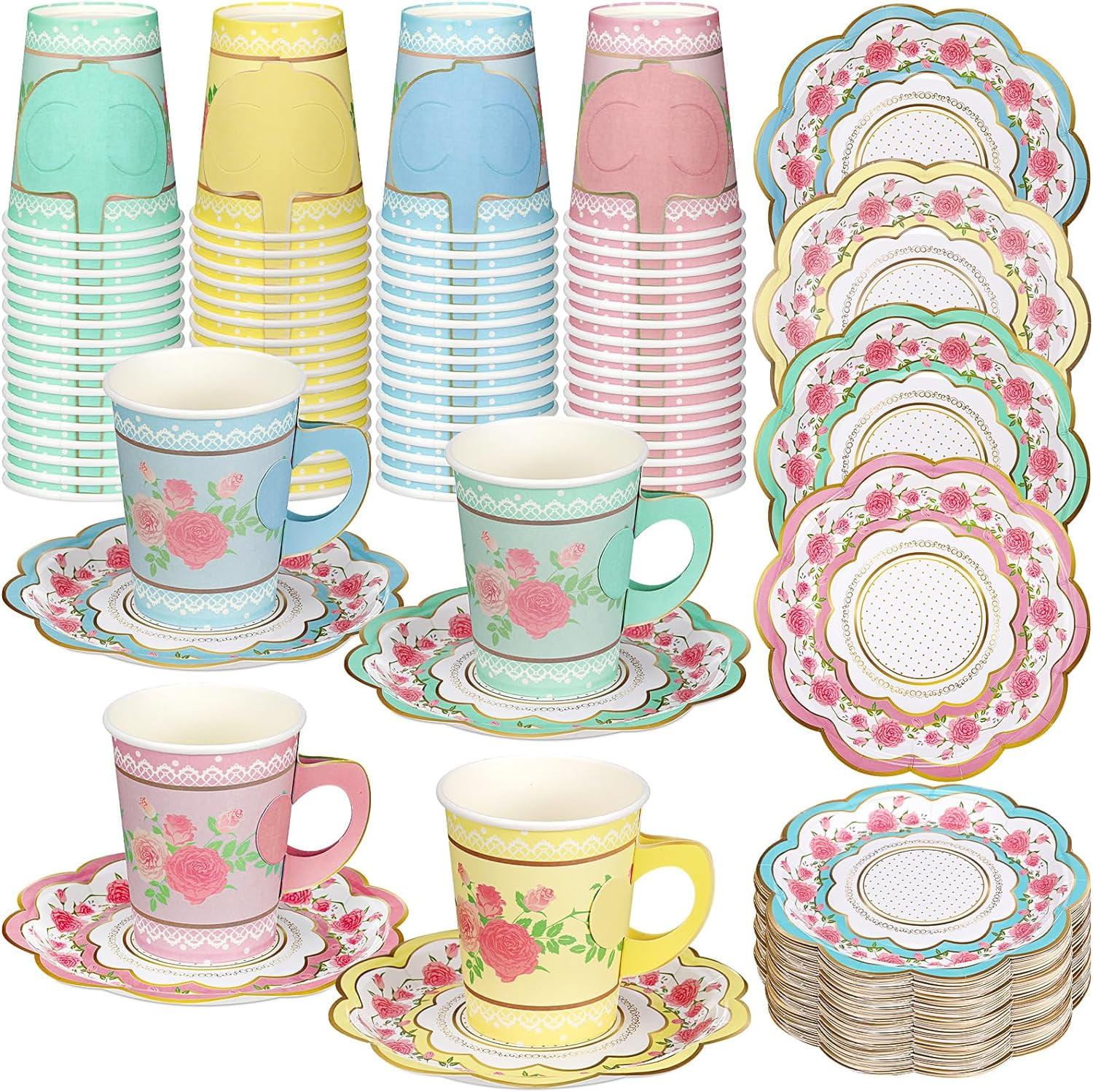 100 Sets Floral Paper Tea Cups and Saucers Disposable Paper Tea Party ...