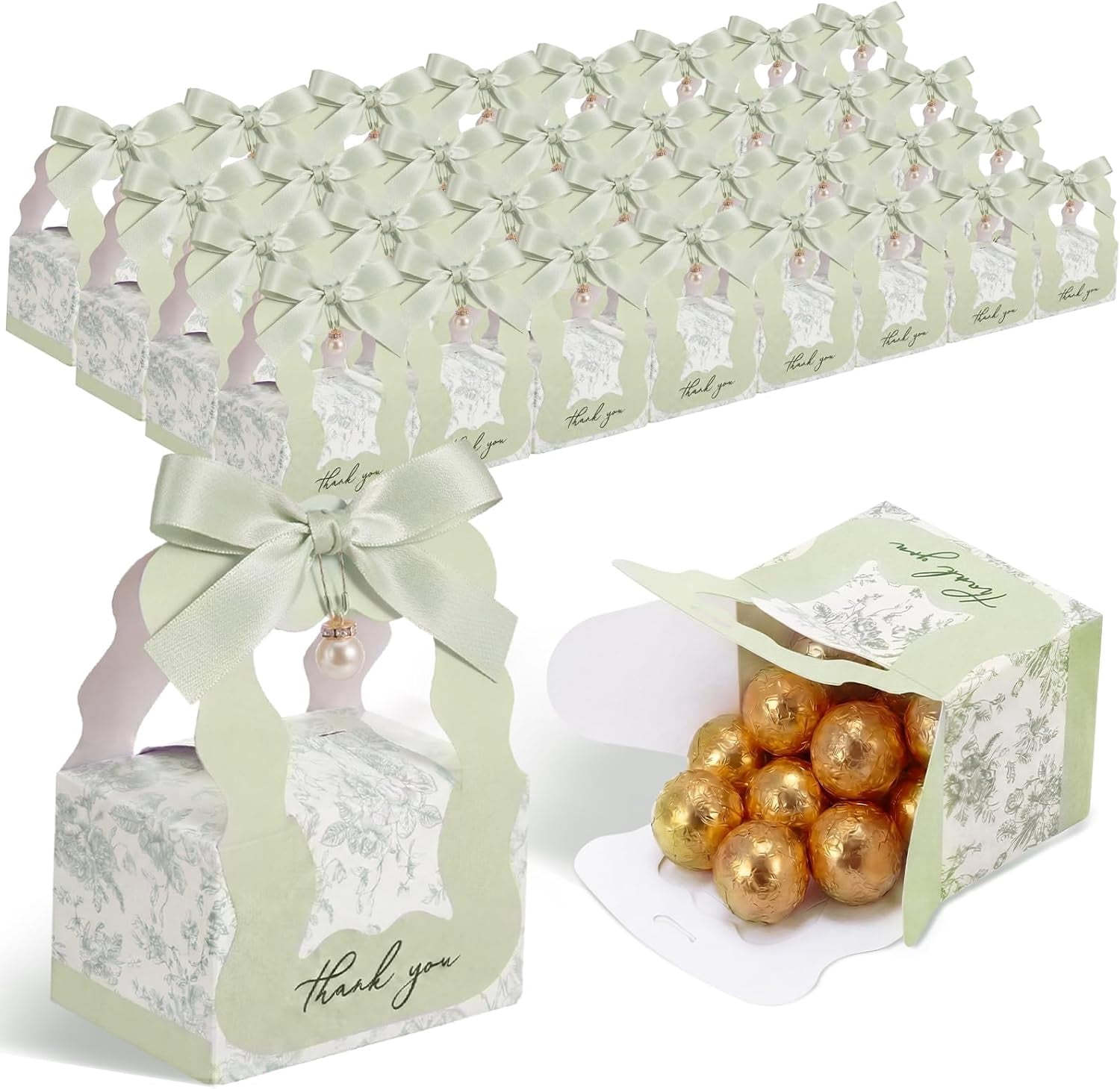 100 Sets Floral Wedding Favor Boxes with Pearl Pendant Bow Ribbon ...