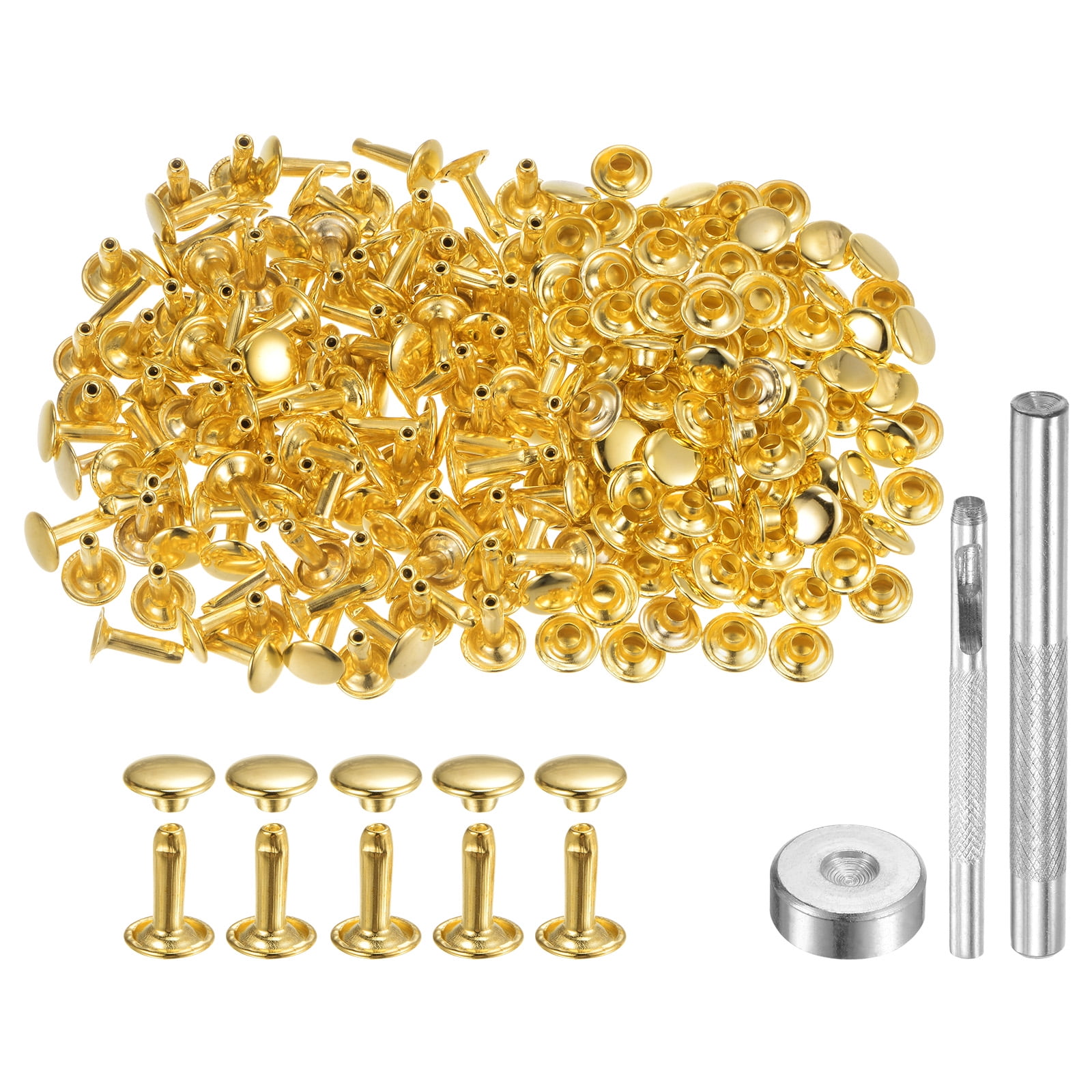 100 Sets Leather Rivets 12 x 9mm Metal with 3 Setter Tools, Gold Tone ...