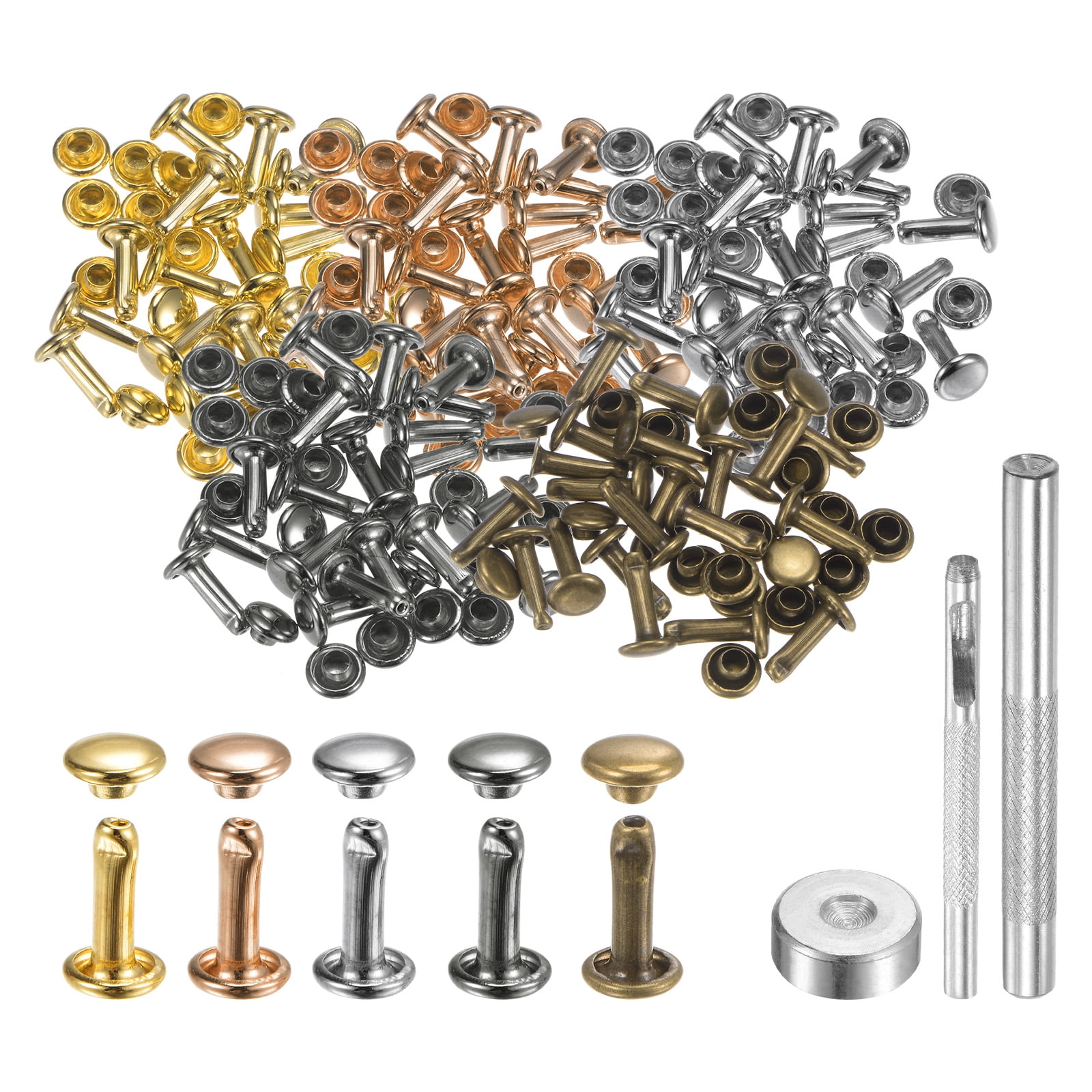 100 Sets Leather Rivets 6mm x 10mm Metal with 3 Setter Tools Multi ...