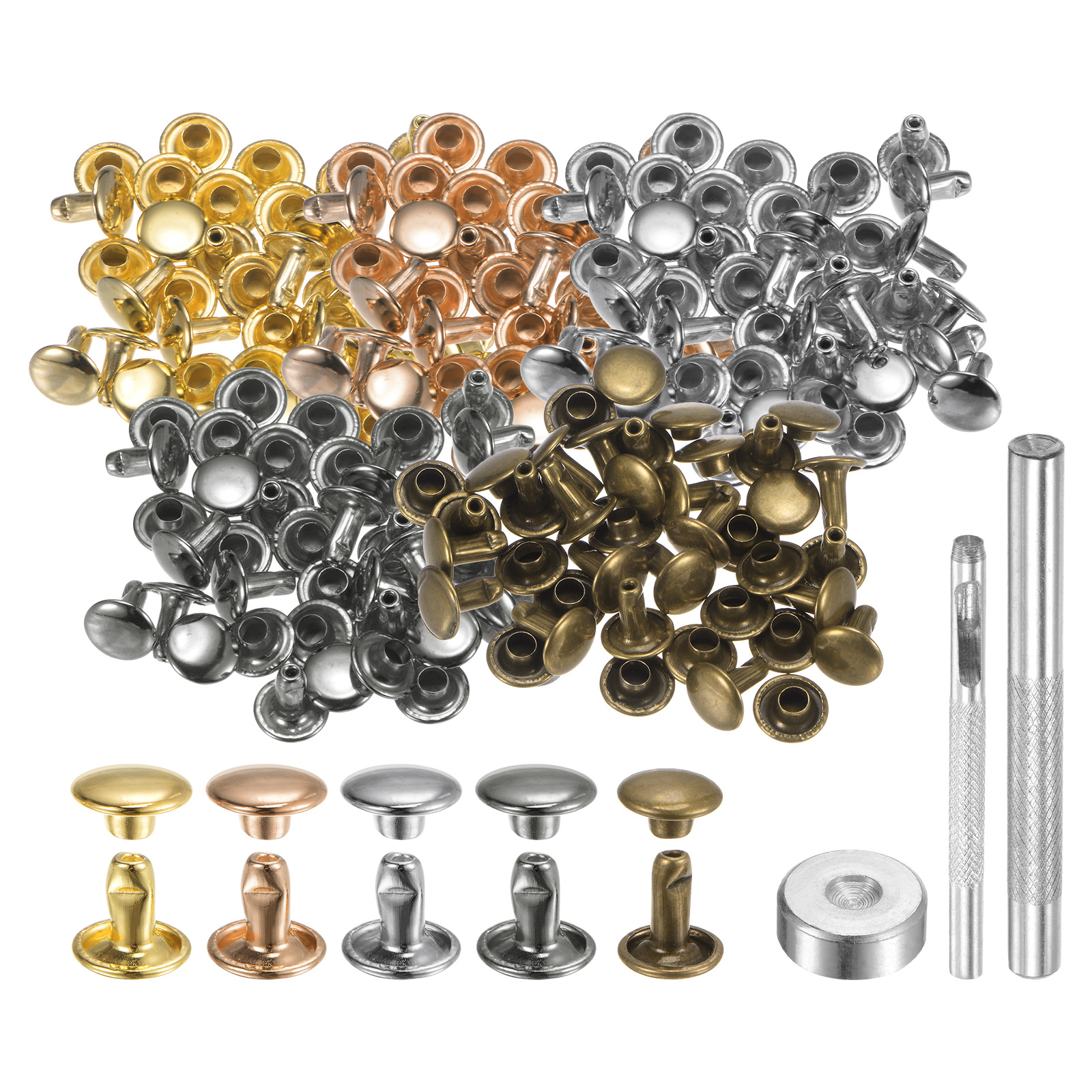 100 Sets Leather Rivets 8mm x 8mm Metal with 3 Setter Tools Multi ...