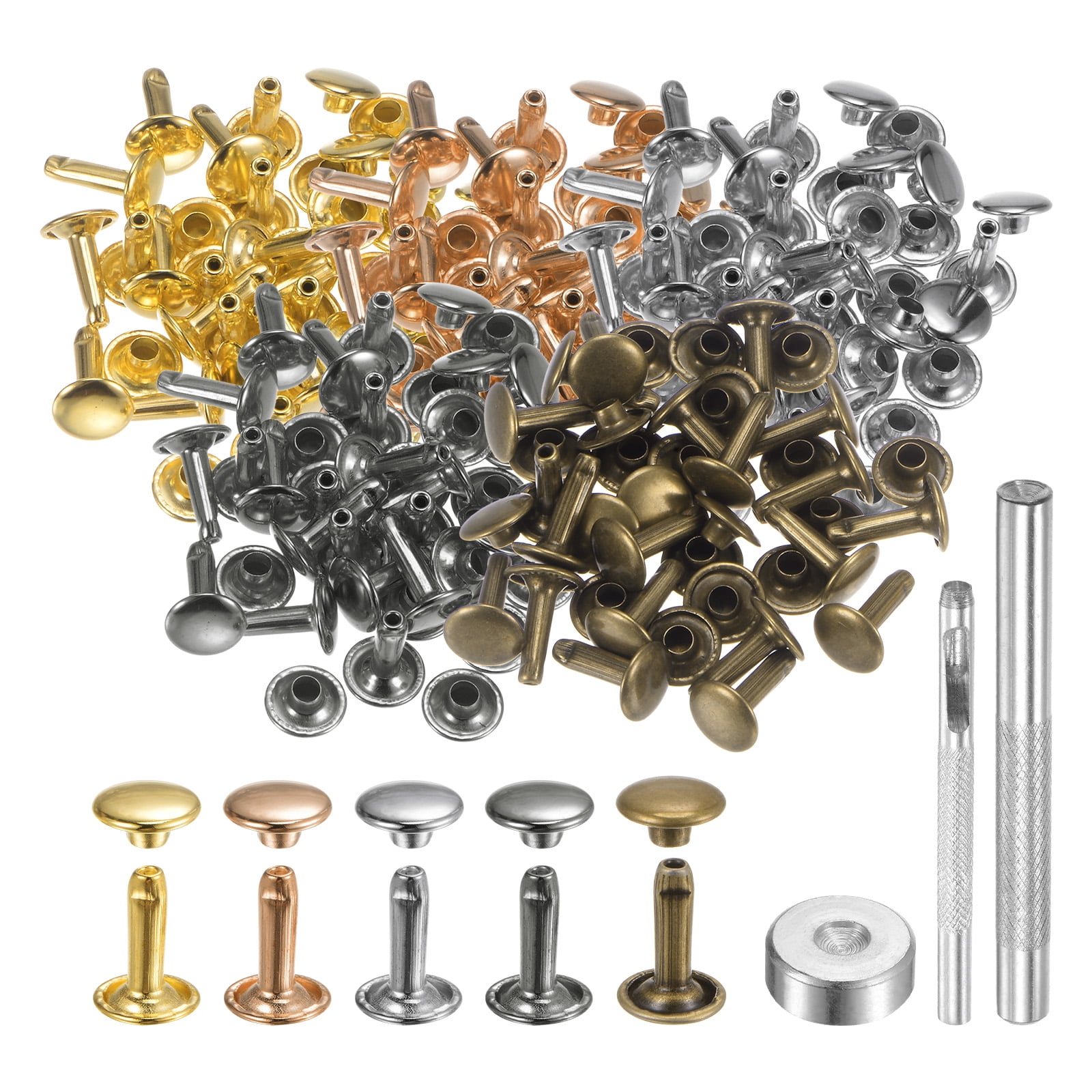 100 Sets Leather Rivets 9mm x 12mm Metal with 3 Setter Tools Multi ...