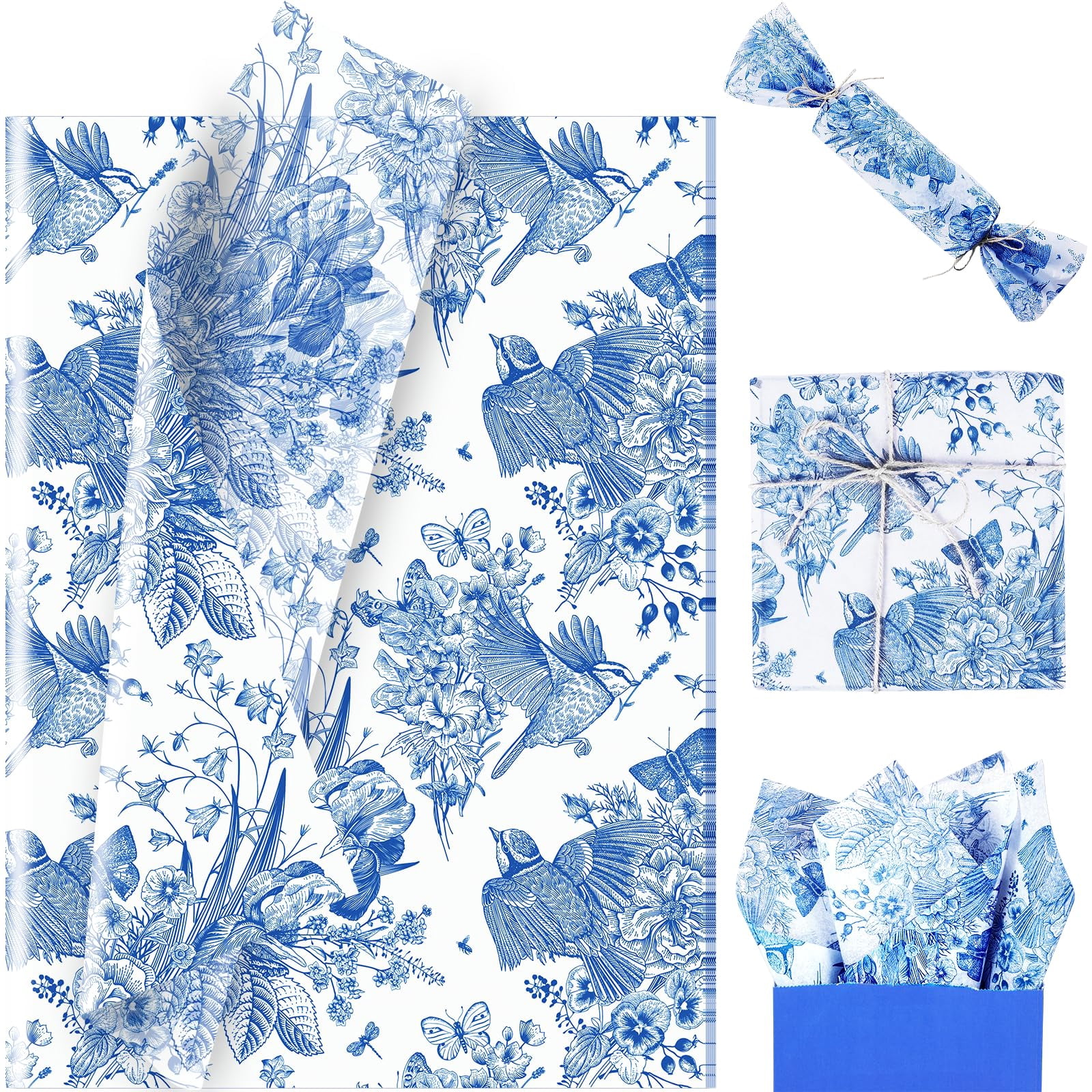 100 Sheet BlueITSC Floral Bird Tissue Paper, 20x14 Chinoiserie Wrapping ...