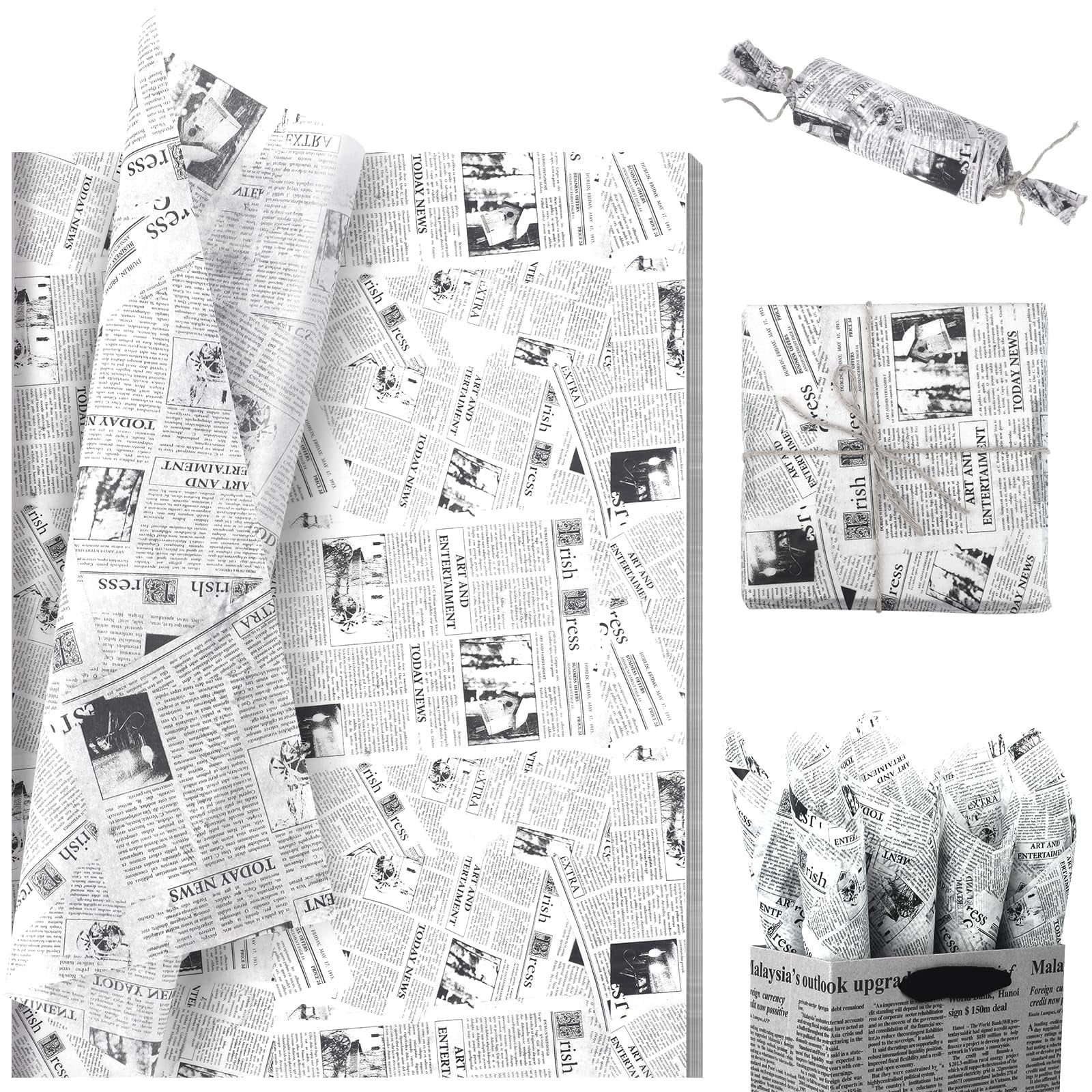 100 Sheet Vintage Newspaper Tissue HYZ01 Paper, Black Old Newsprint ...