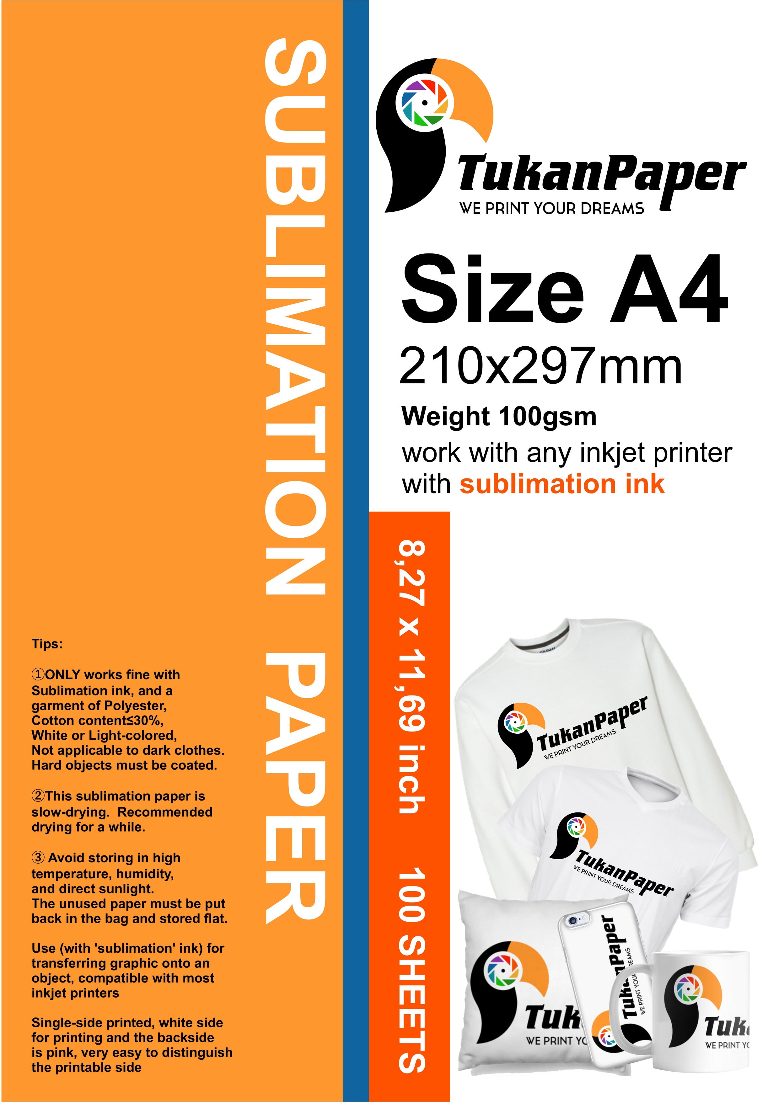 100 Sheets A4 (8.2" x 11.6") Sublimation Transfer Paper for Specialty ...