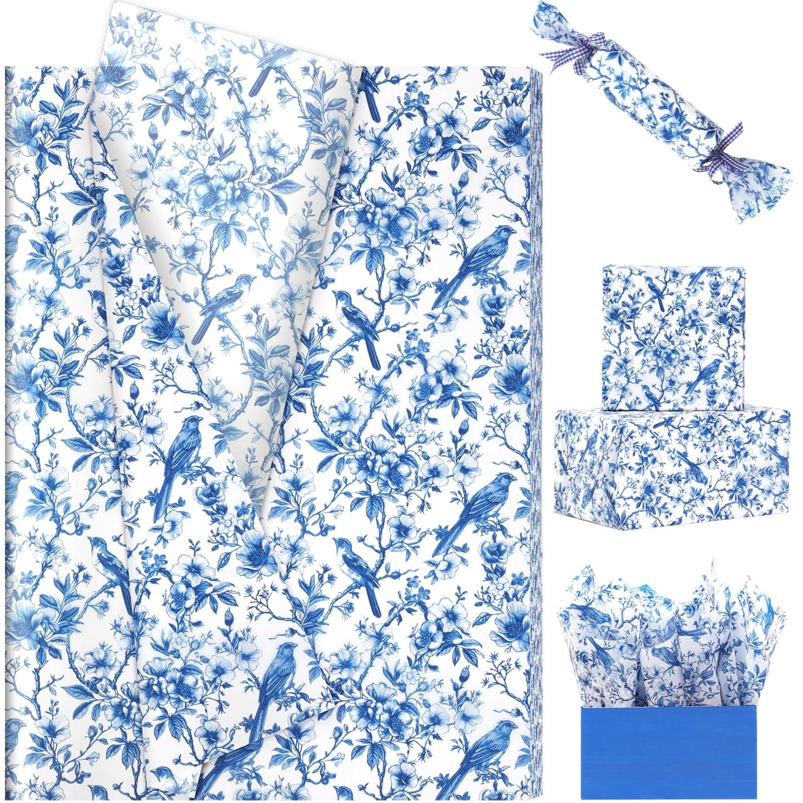 100 Sheets Blue Floral KEF16 Bird Tissue Paper, 20'' x 14'' Chinoiserie ...