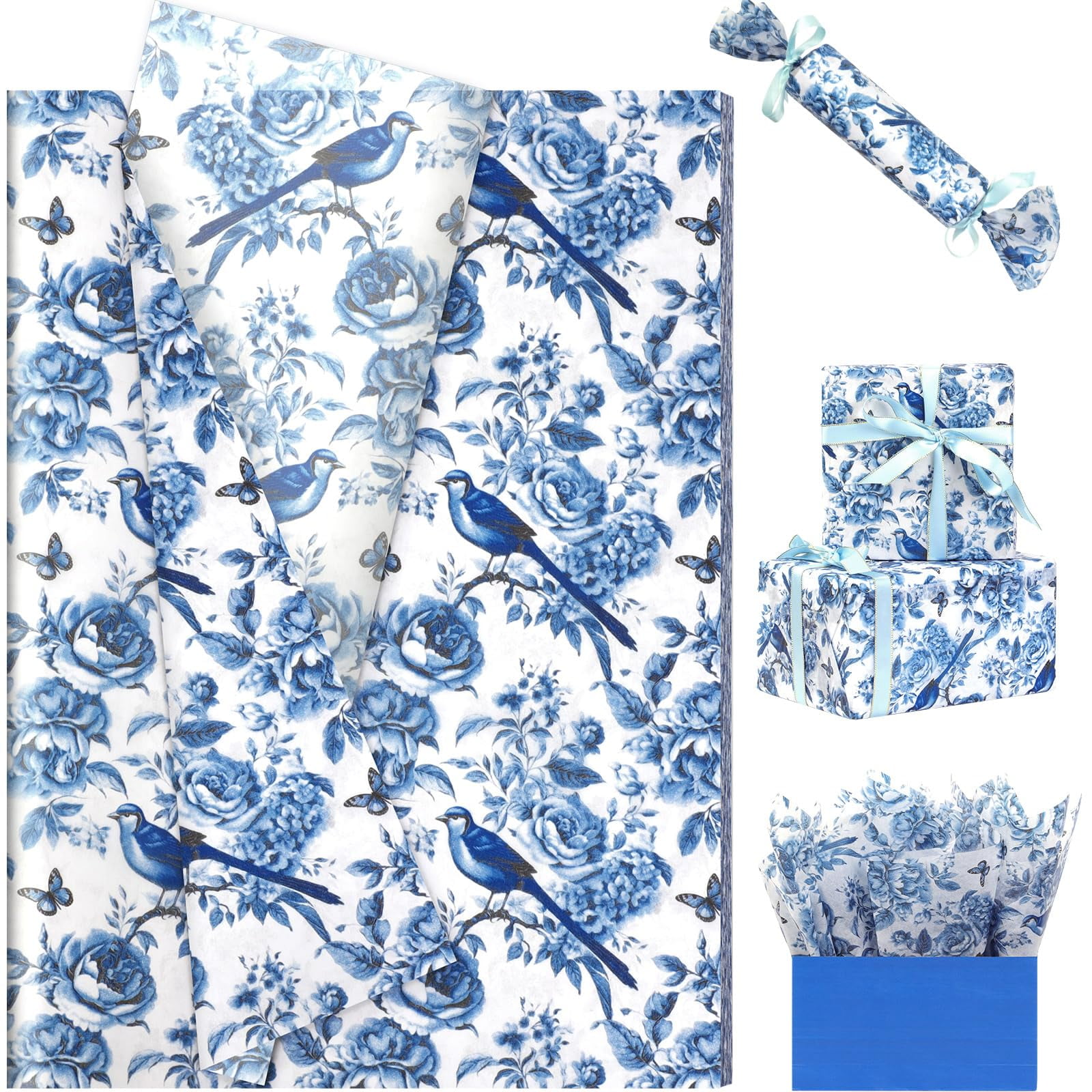 100 Sheets Blue Floral RRF12 Bird Tissue Paper, 20'' x 14'' Blue White ...