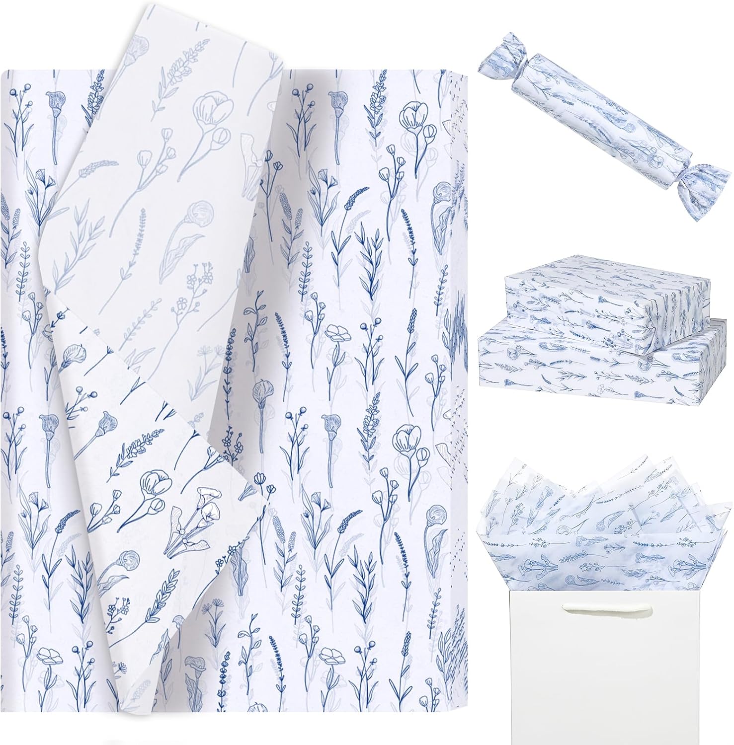 100 Sheets Blue Floral Tissue Papers, Chinoiserie Calla Lily Gift Wrap ...