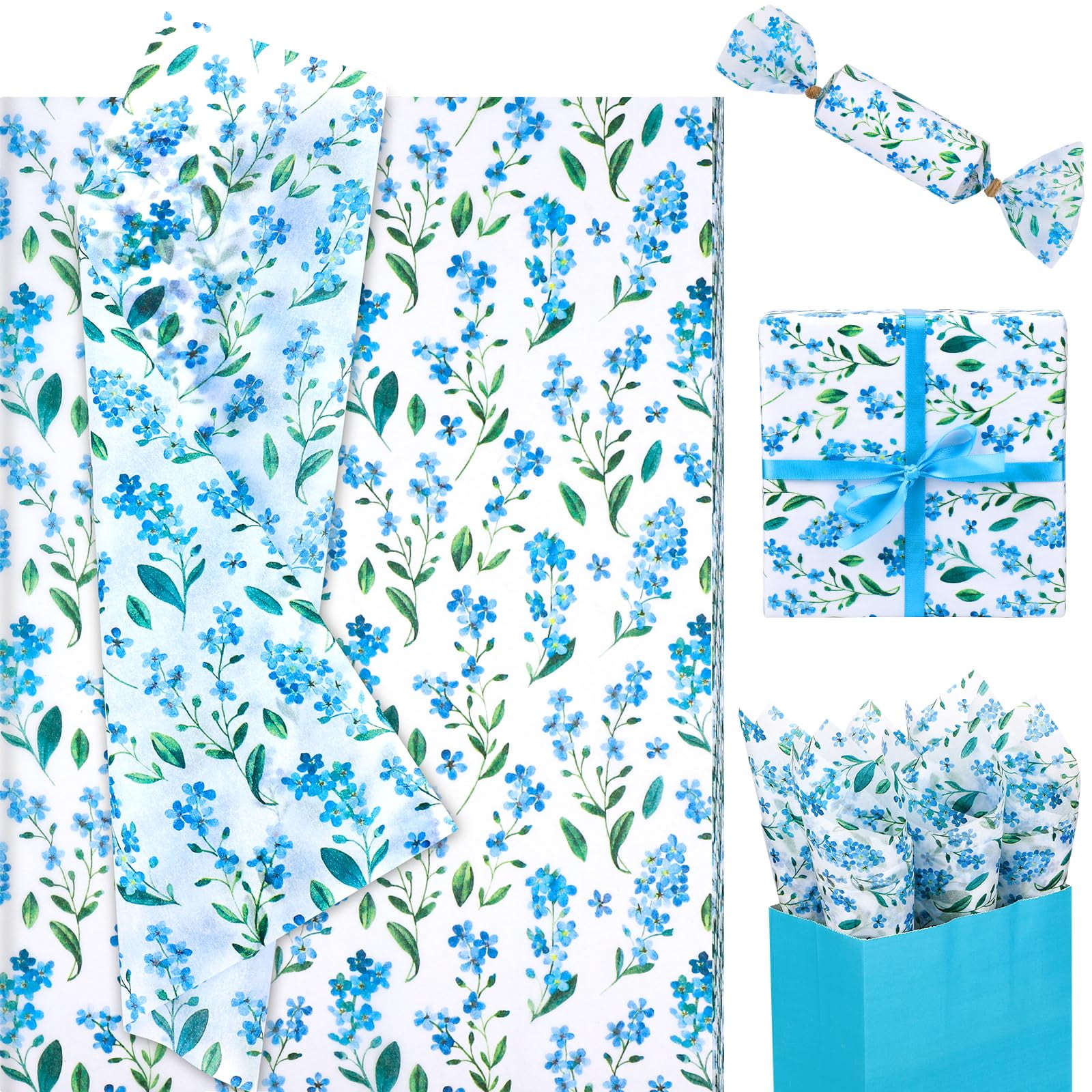 100 Sheets Blue Forget-Me-Not Flower Tissue Paper, 20x14 Inches ...