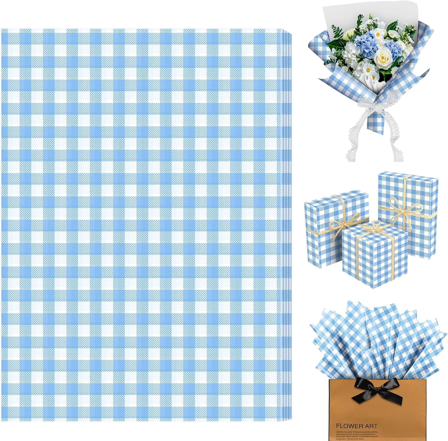 100 Sheets Blue Gingham Tissue Paper; 14 x 20 Inch Blue and White ...