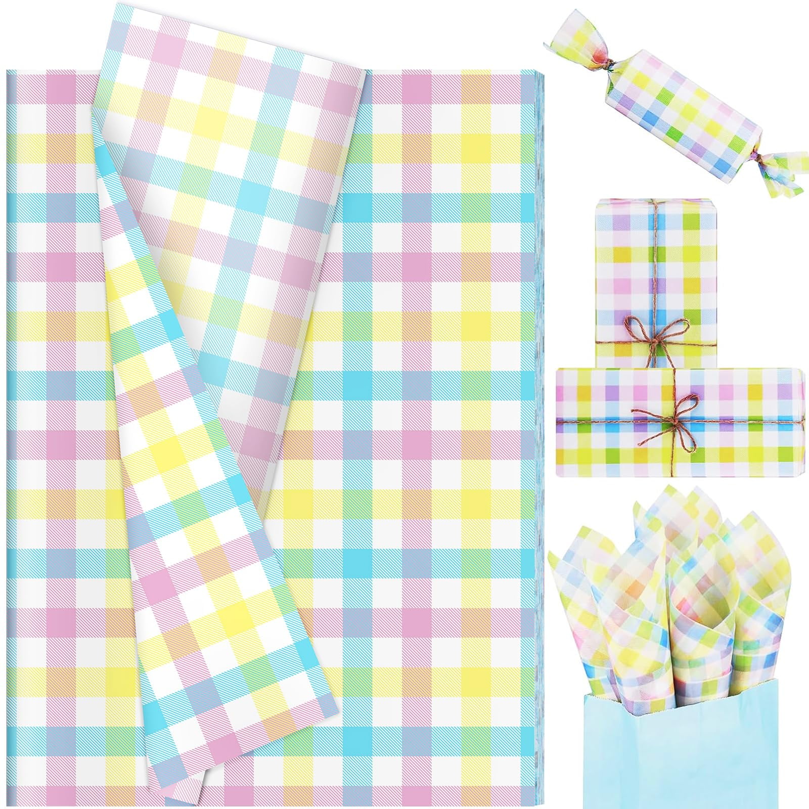 100 Sheets Easter Pastel DHF10 Plaid Tissue Paper, 20x14in Pink Blue ...