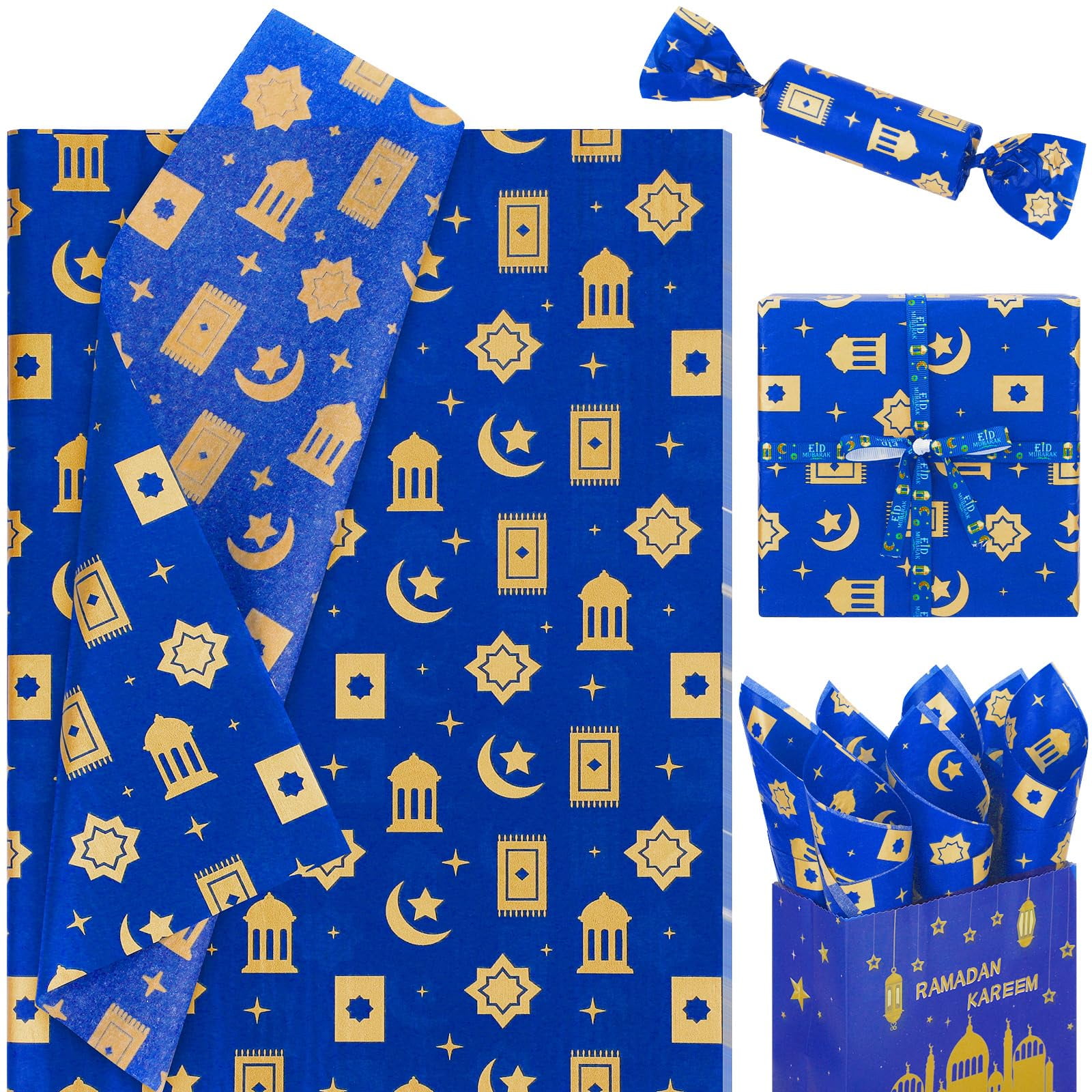 100 Sheets Eid Mubarak Tissue HYZ01 Paper, 20x14 Inches Blue Gold Moon ...