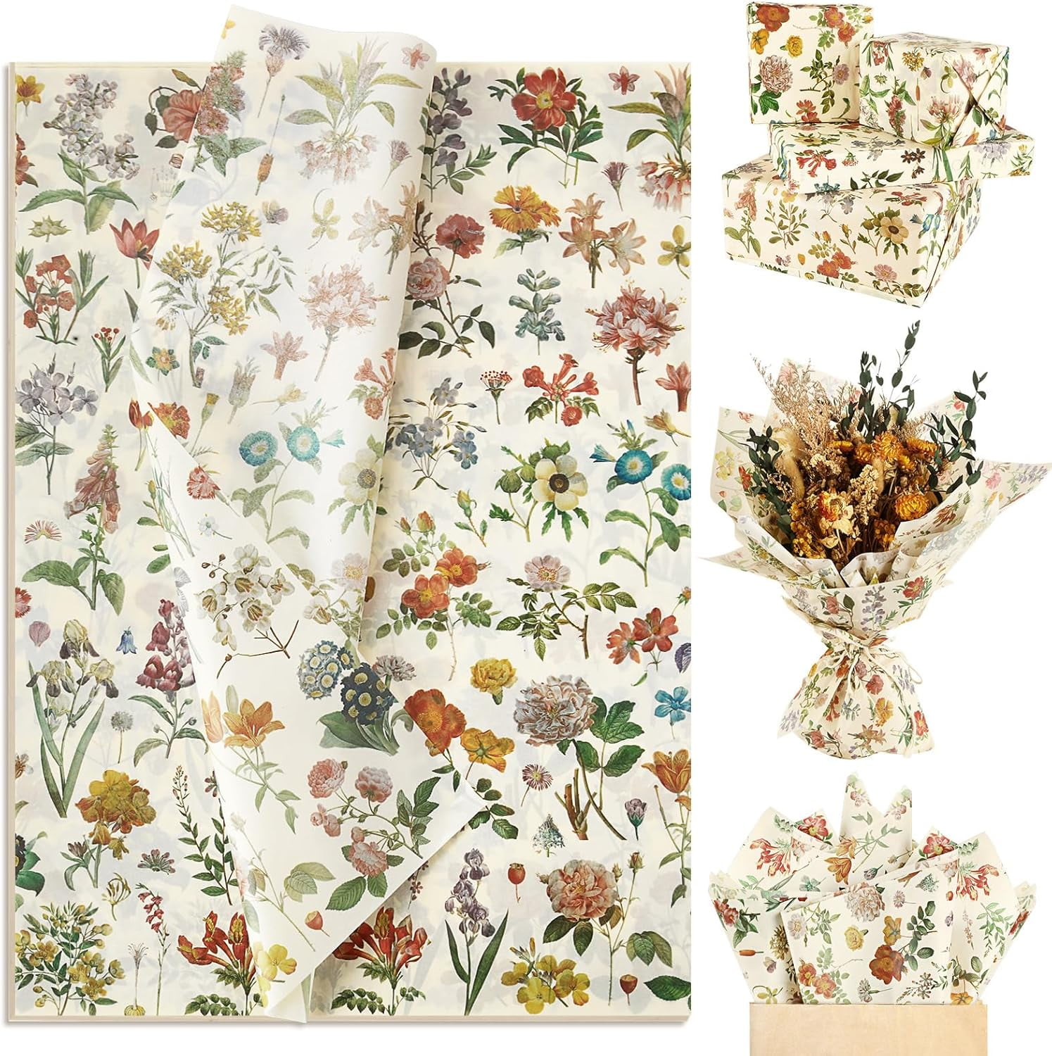 100 Sheets Floral Tissue Paper Vintage Wildflowers Tissue Paper for ...
