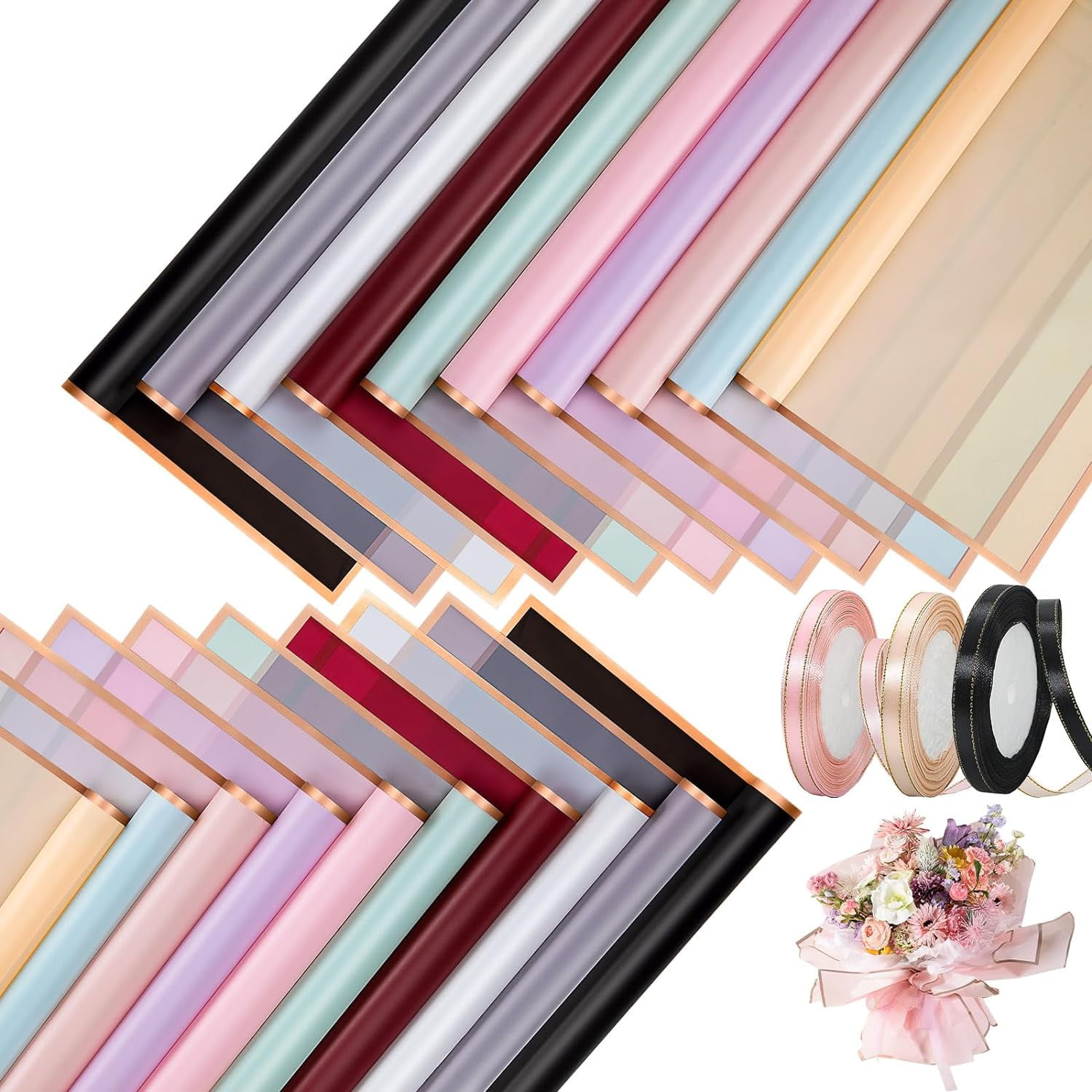100 Sheets Flower Wrapping Paper with Pure Color Flower Bouquet ...