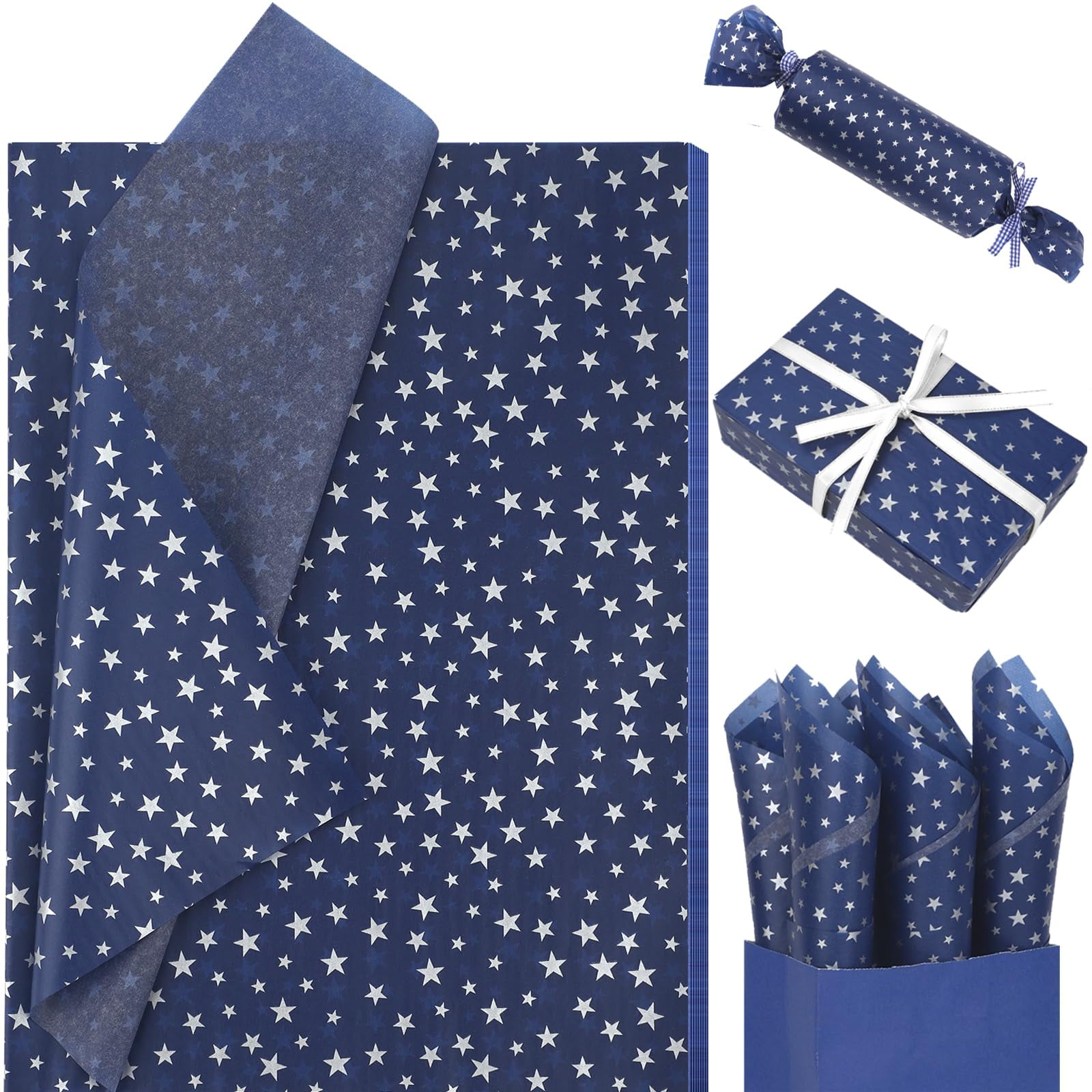 100 Sheets Navy Blue with Silver Star Tissue Paper Bulk, 20x14in Blue ...