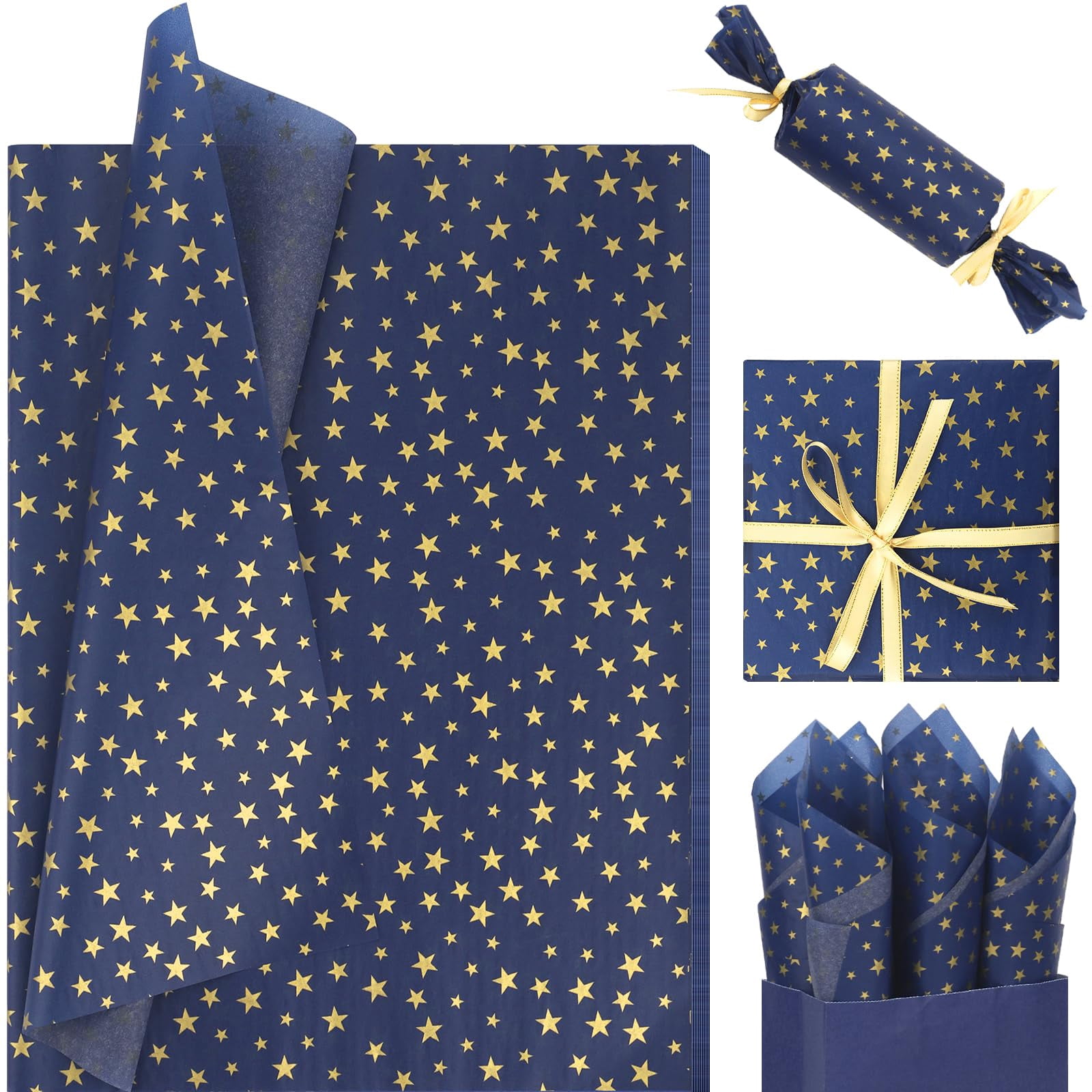 100 Sheets Navy Blue TSF6 with Gold Star Tissue Paper Bulk, 20x14in ...