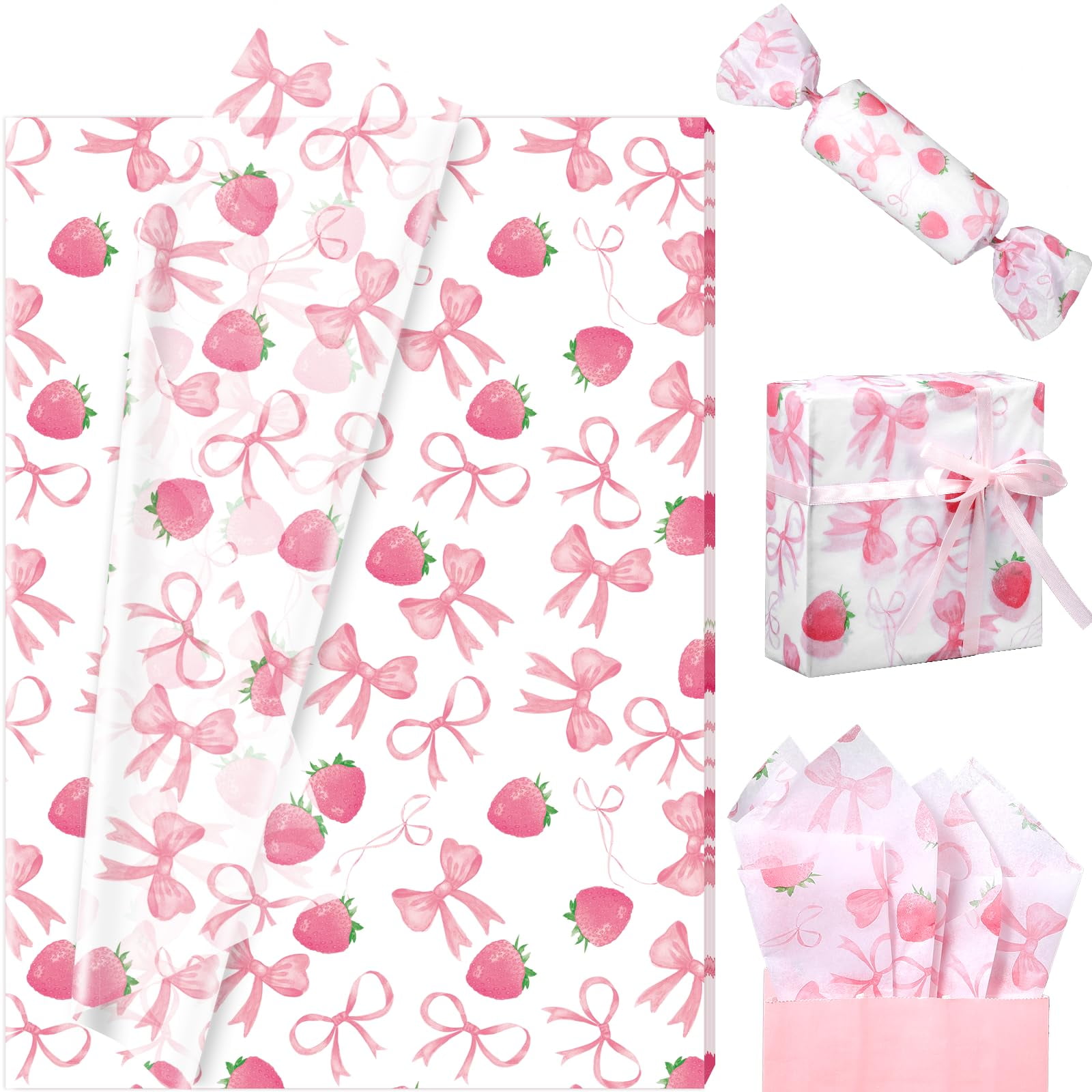 100 Sheets Pink Bow Strawberry Tissue Paper, 20 x 14 Inch Pink Ribbon ...