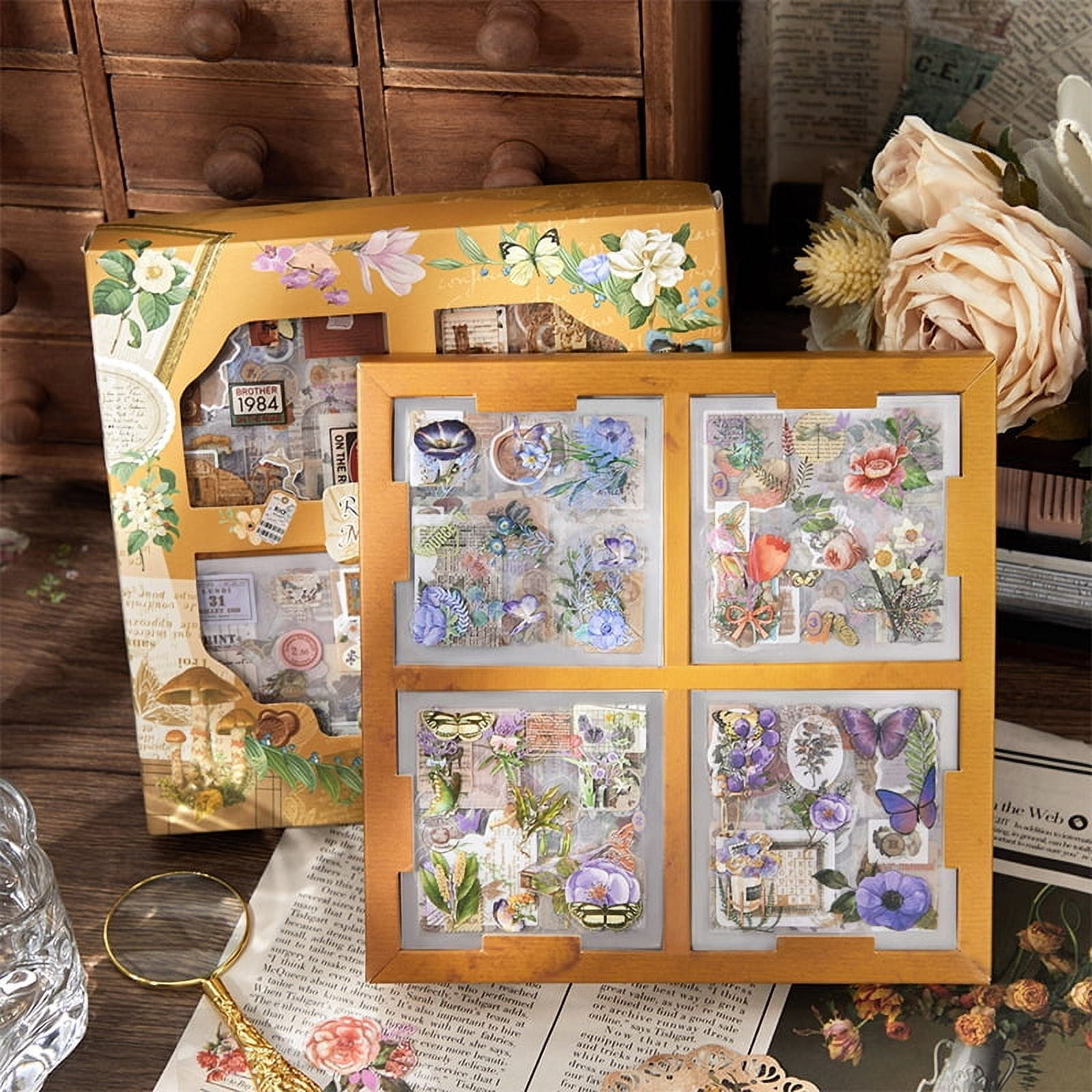 100 Sheets Plants Floral Stickers Kit, Vintage Flowers Butterfly ...