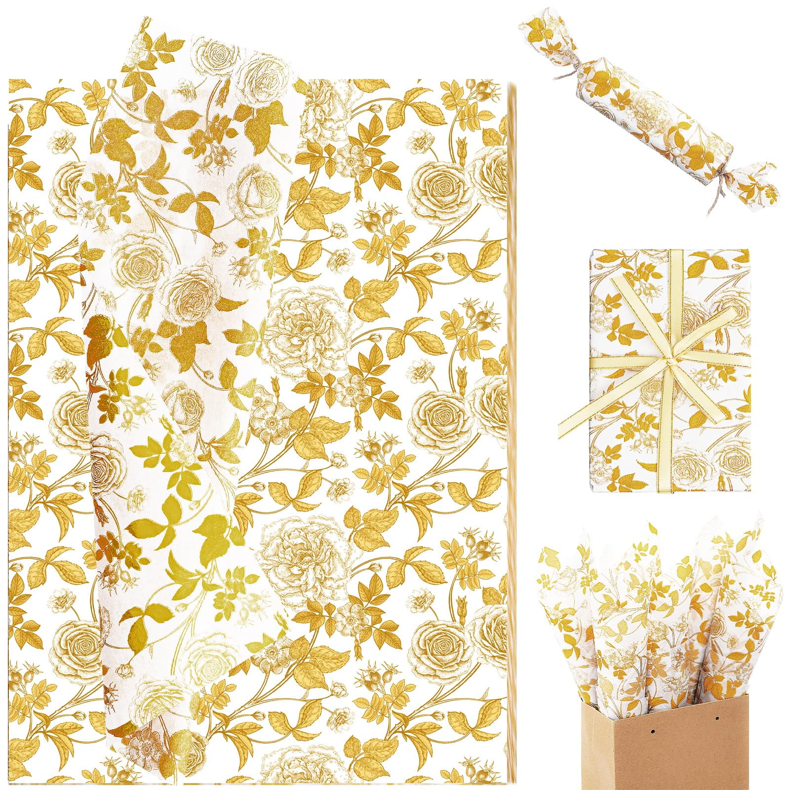 100 Sheets Vintage Gold STF9 Floral Tissue Paper, 20'' x 14'' Fall Gold ...