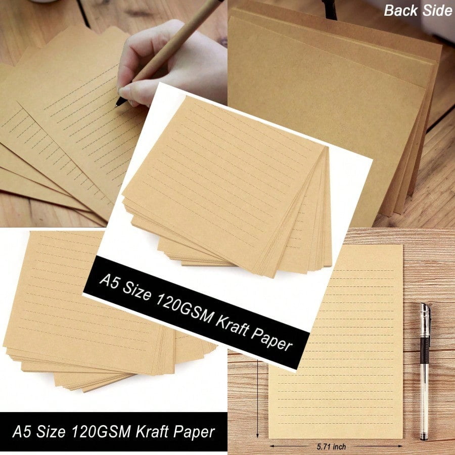 100 Sheets Vintage Kraft Stationary Paper 5.71 x 8.27 inch A5 Size 120gsm Lined Stationery ...