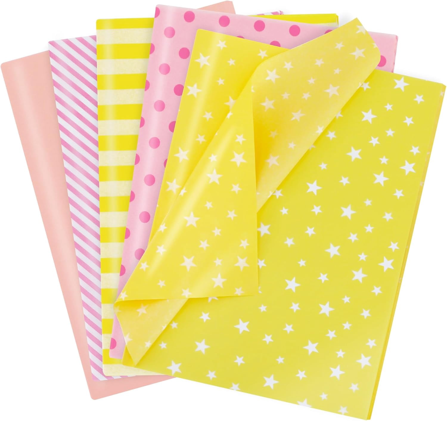 100 Sheets Yellow Pink Tissue Paper Bulk, Dots Star Twill Stripes ...