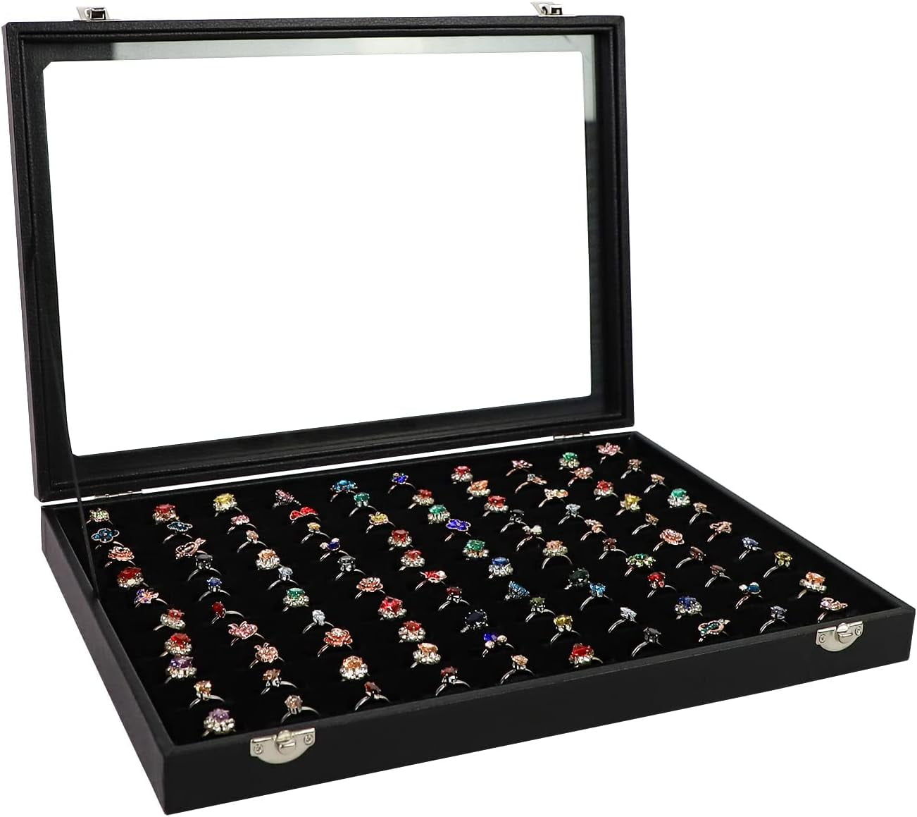 100 Slots Ring Holder Ring Display Case Black Jewelry Organizer With ...