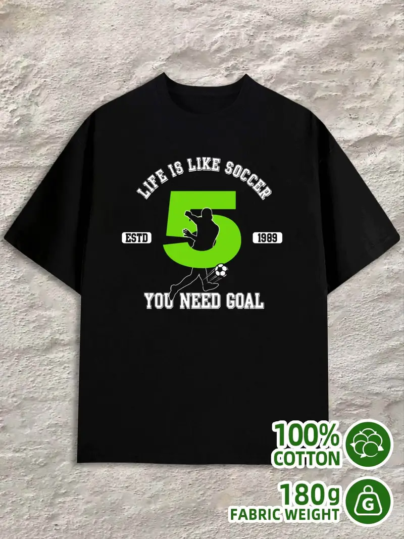 100% Soccer Life Goal Tee - 180G Black T-Shirt with Soccer & Goal Print ...