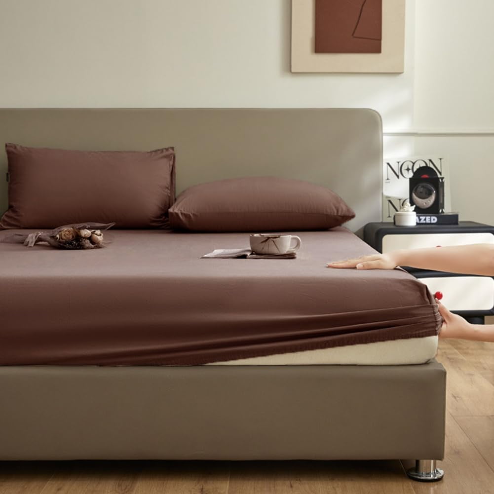 100% Soft Washed Microfiber Solid Brown Fitted Sheet Bed Sheet Set 15" Deep Pocket Full Size-1 ...