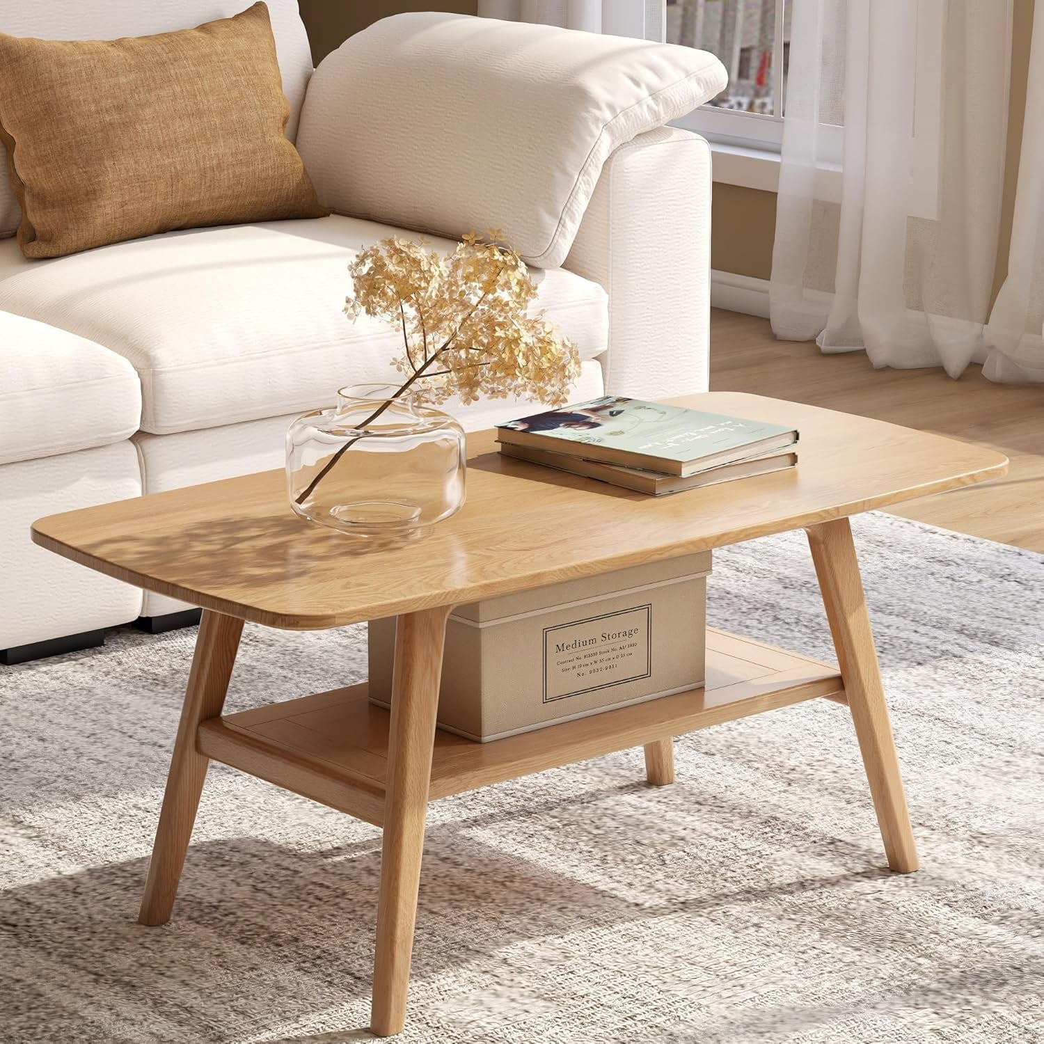 100% Solid Oak Wood Coffee Table for Living Room, 2-Tier Small Coffee Tables with Shelf Storage ...