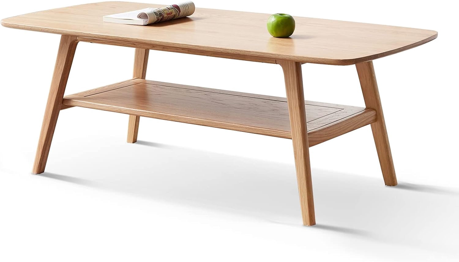 100% Solid Oak Wood Coffee Table for Living Room Small Coffee Table with Shelf Storage Mid ...