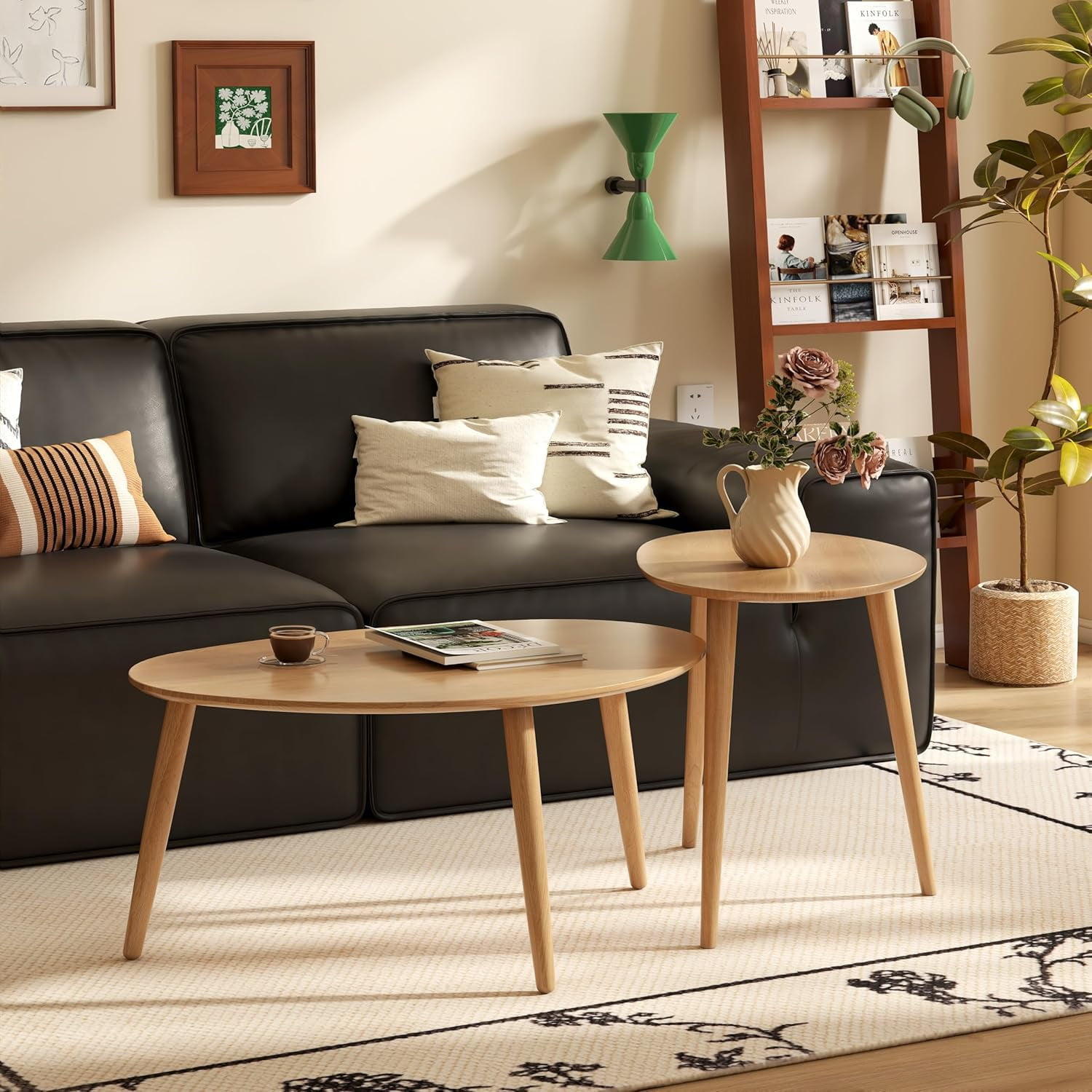 100% Solid Oak Wood Nesting Coffee Table, Small Oval Coffee Tables Set, Mid Century Modern Round ...