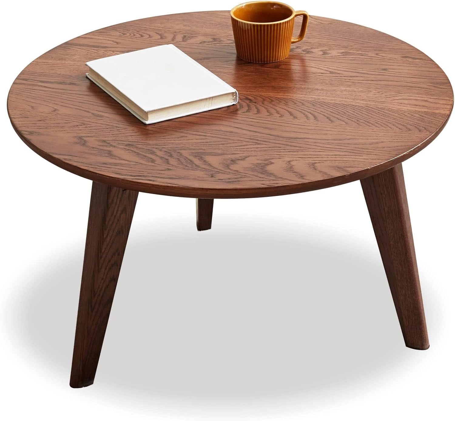 100% Solid Oak Wood Round Coffee Table-Small Coffee Talbe with 3 Legs ...