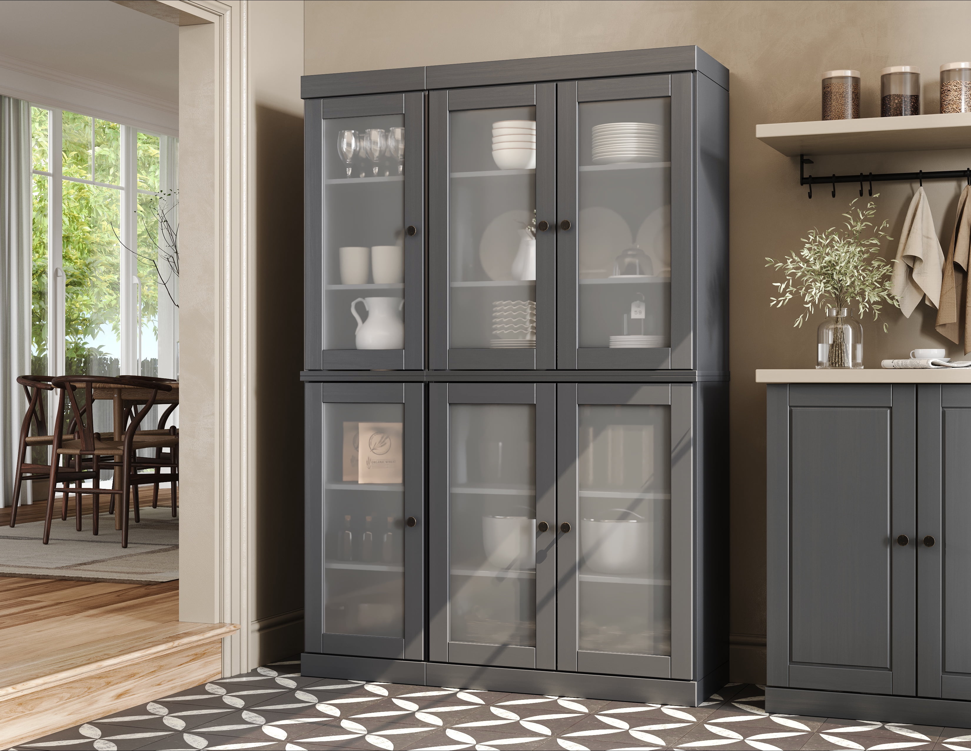 100% Solid Wood 48.5" Pantry China Cabinet with Frosted Glass Doors and ...