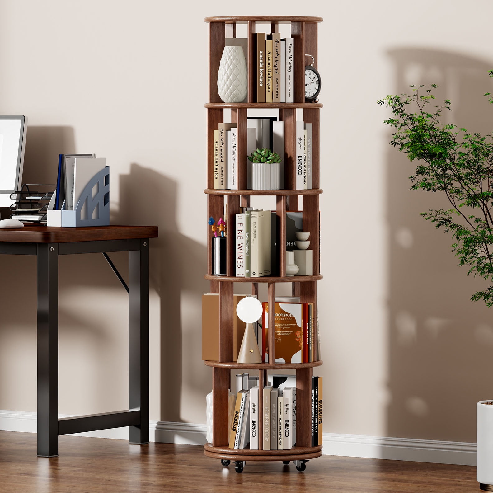 100% Solid Wood 5 Tier 360 Degree Rotating Bookshelf on Wheels, Stylish ...