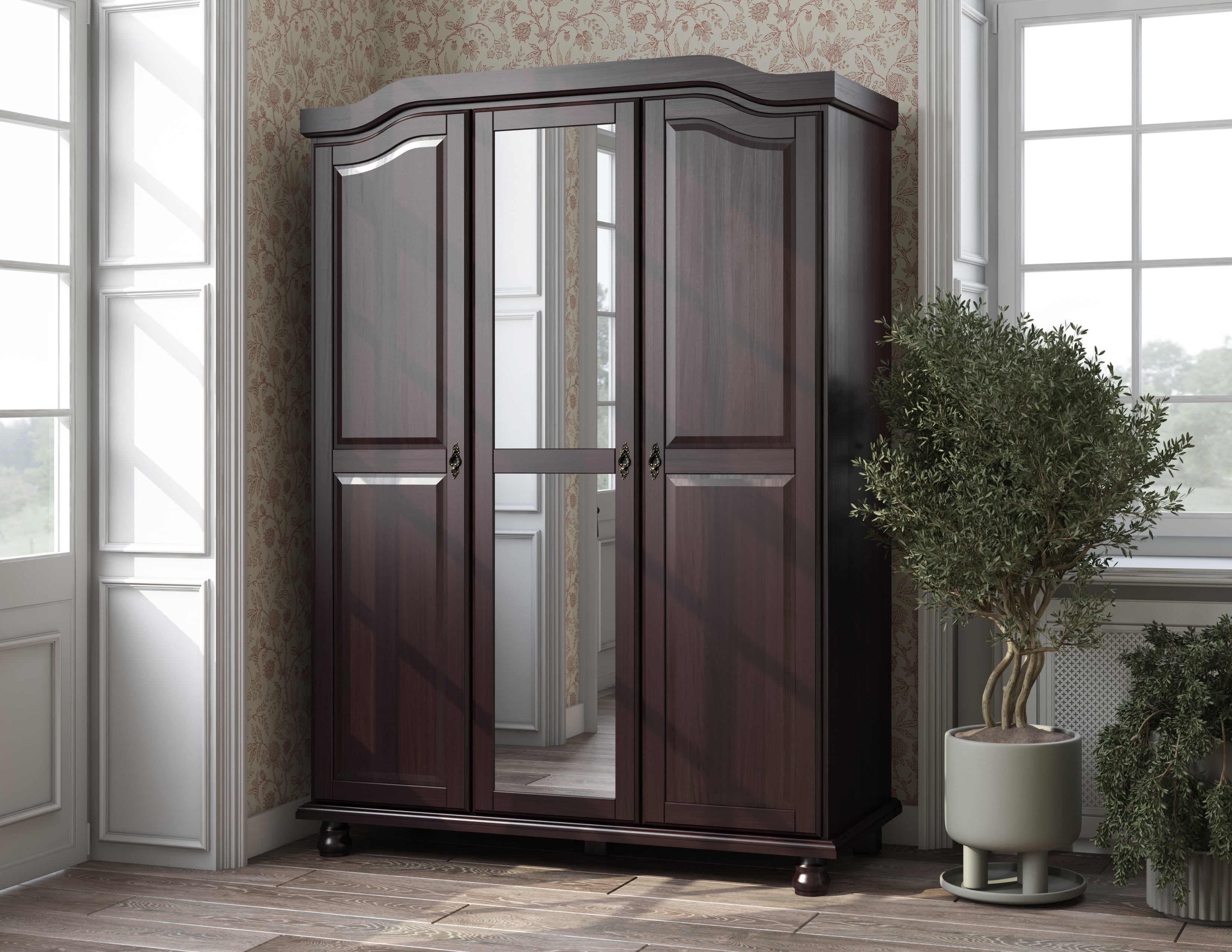 100% Solid Wood Kyle 3-Door Wardrobe with Mirrored Door - Walmart.com