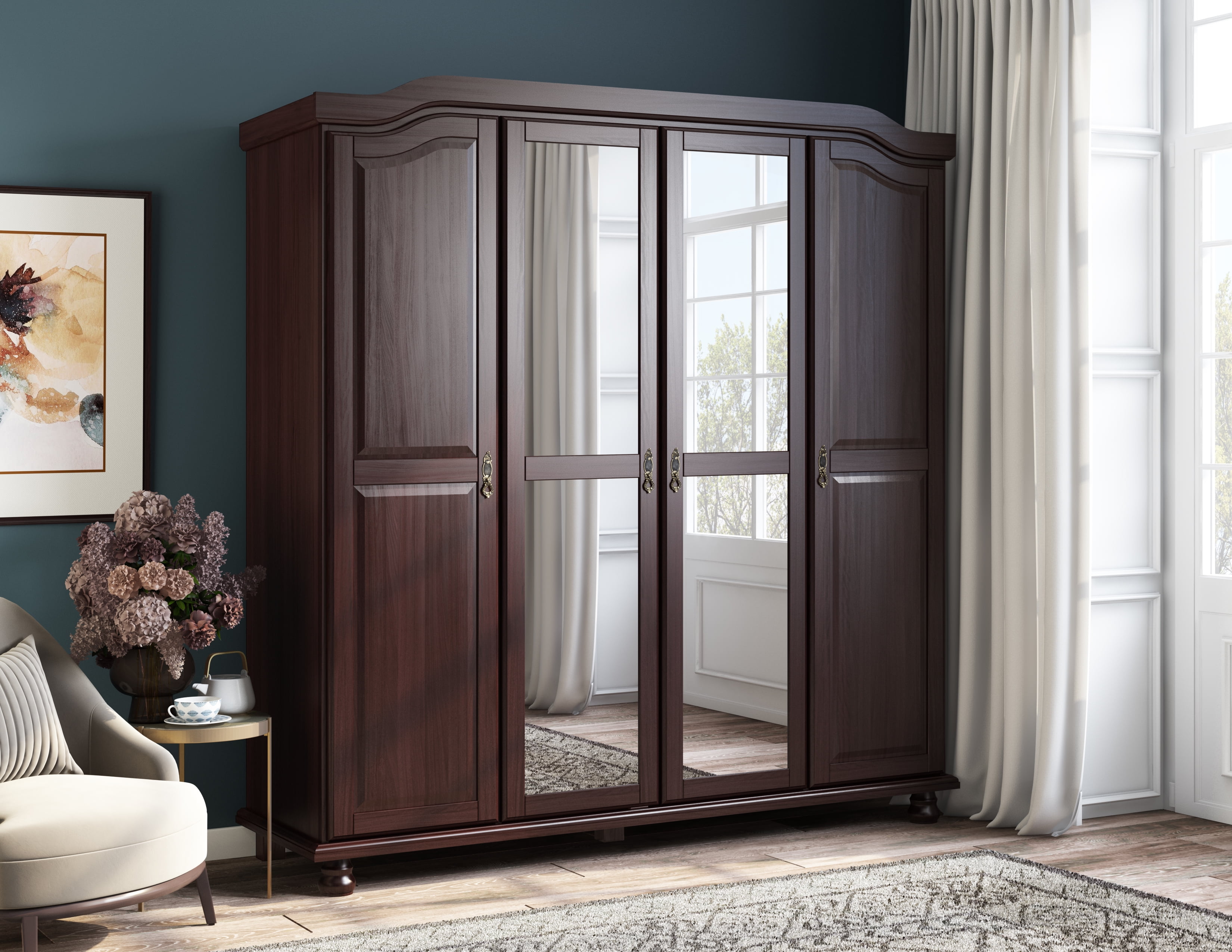 100% Solid Wood Kyle 4-Door Wardrobe Armoire with Mirrored, Solid Wood Doors - Walmart.com