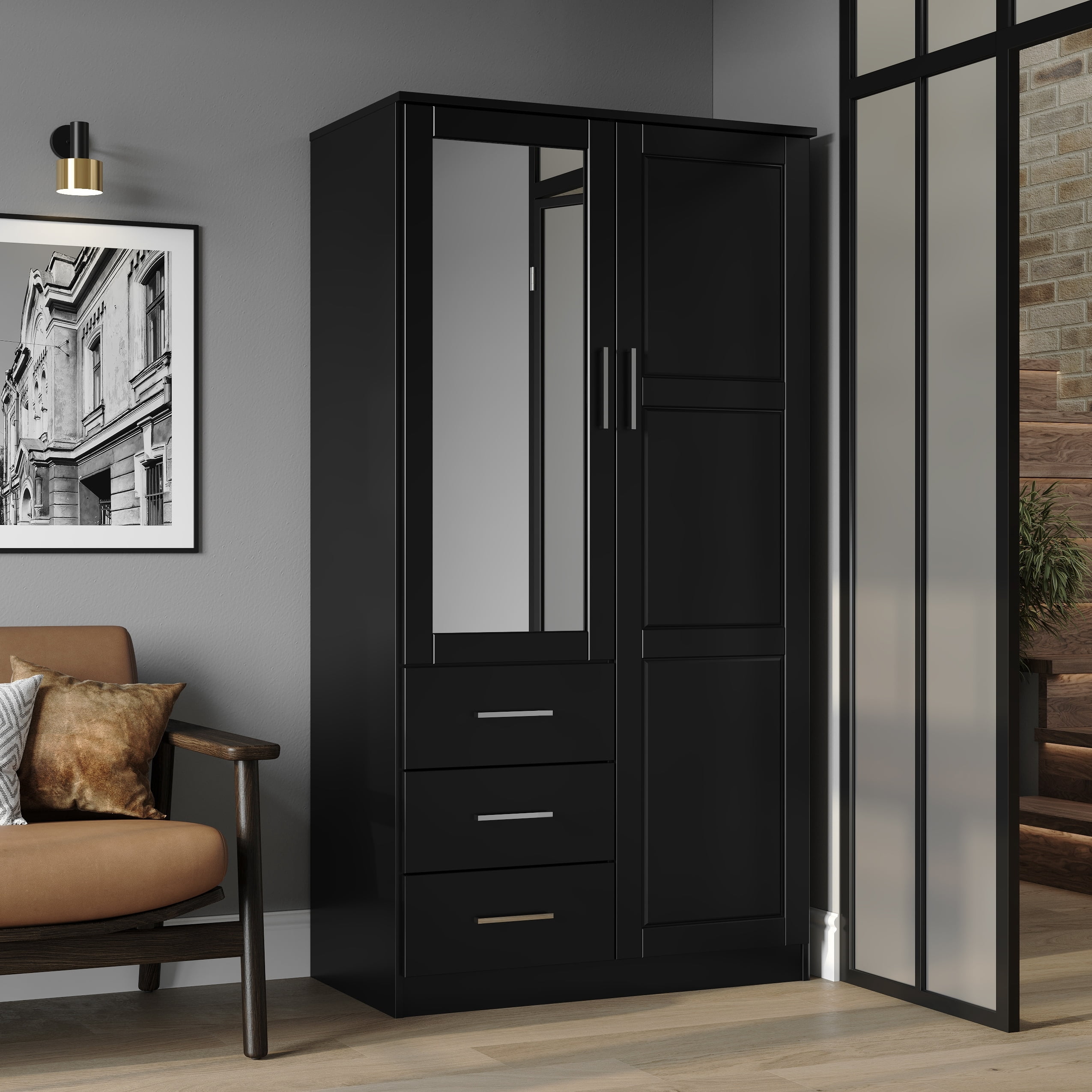 100% Solid Wood Metro 2-Door Wardrobe with Mirrored Door - Walmart.com