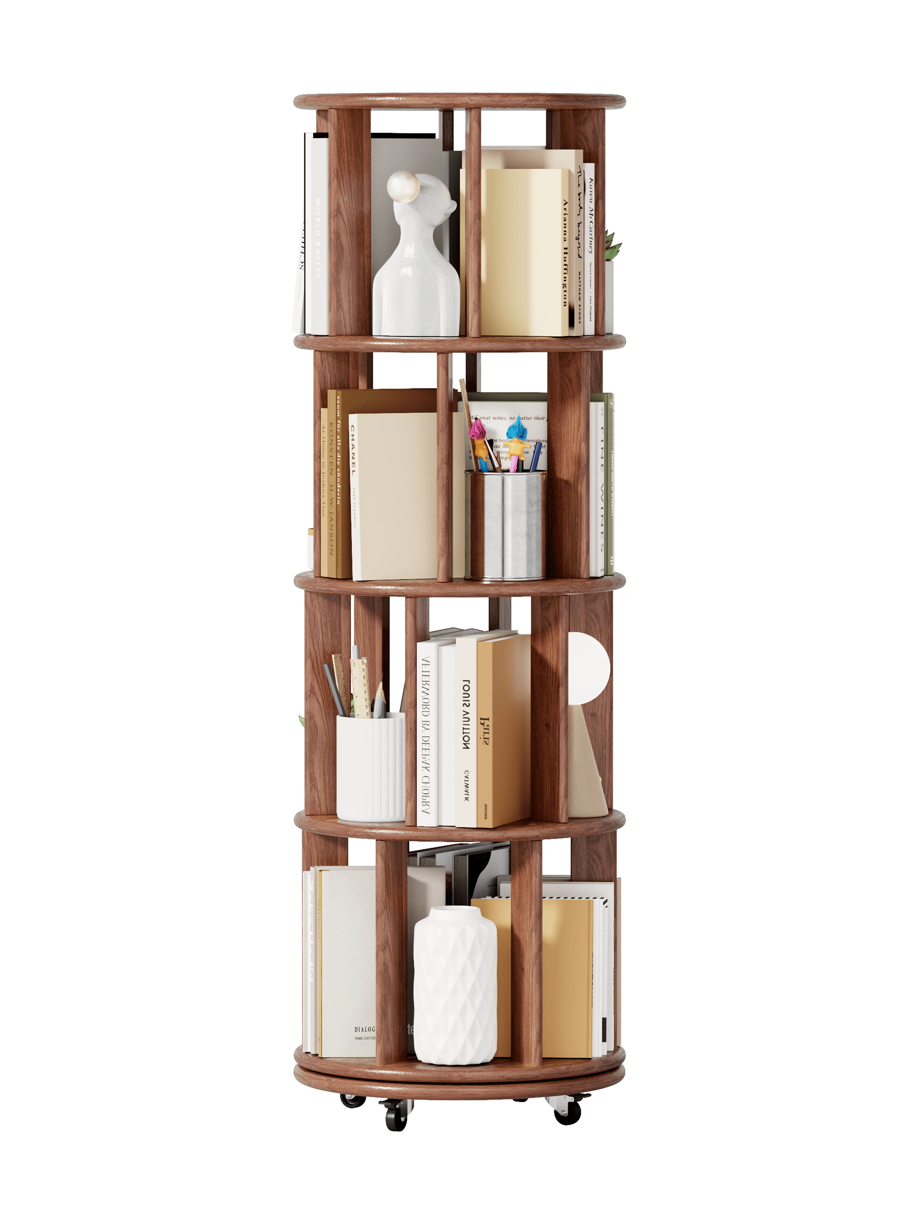 100%Solid Wood Rotating Bookshelf on Wheels, 4 Tier, Round Revolving ...