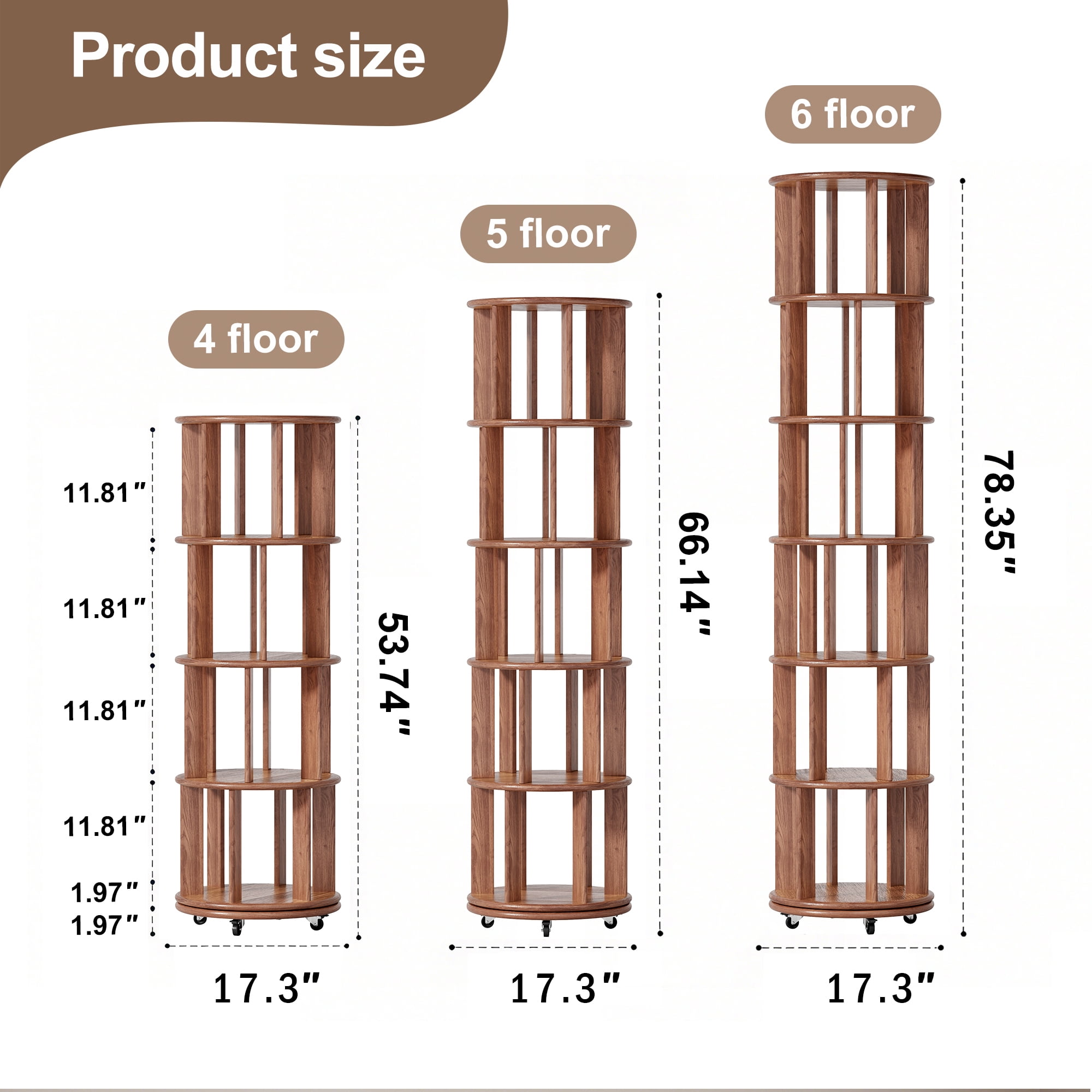 100%Solid Wood Rotating Bookshelf on Wheels,5 Tier, Round Revolving ...